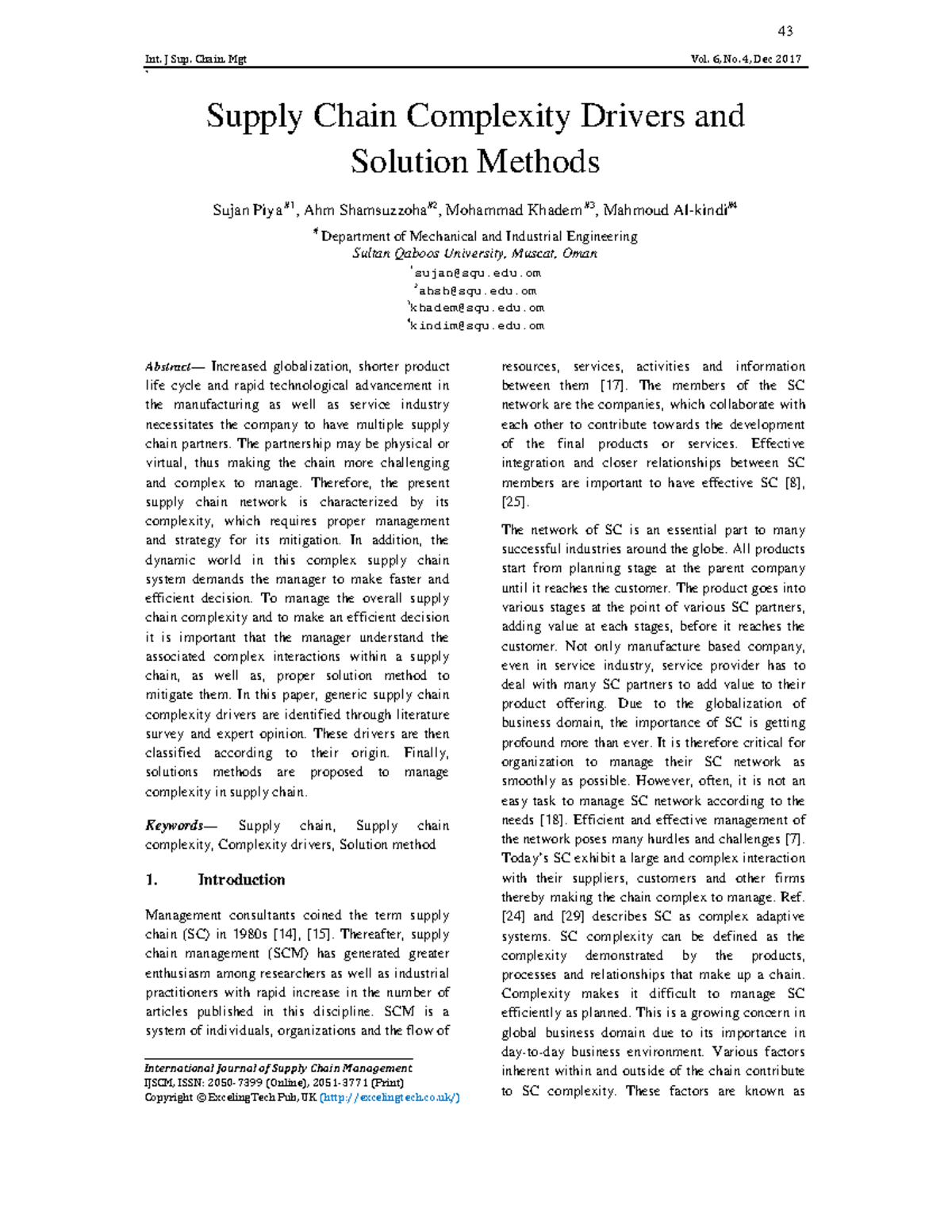 SC Complexity - Int. J Sup. Chain. Mgt Vol. 6, No. 4, Dec 2017 ` Supply ...