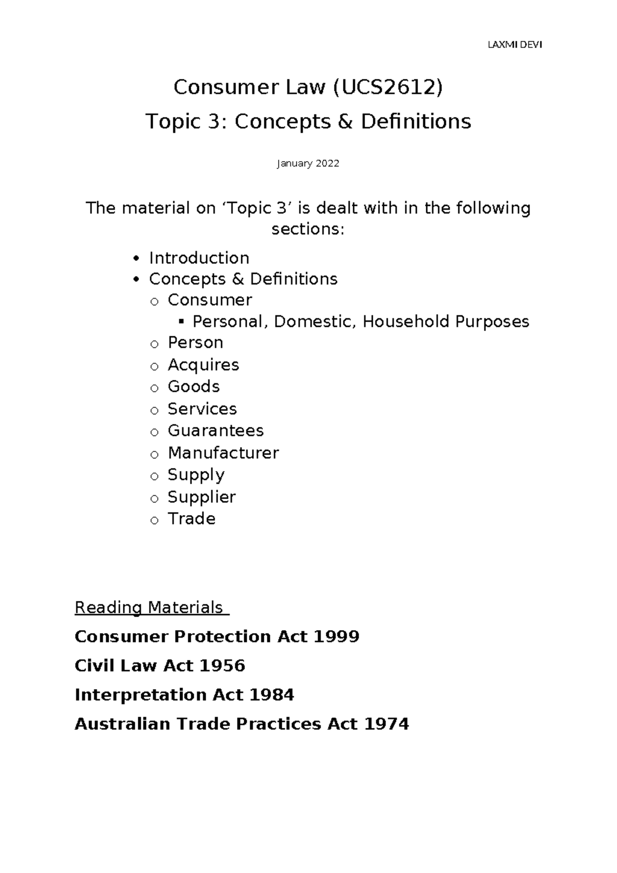 Topic 3 Handout - Consumer Law (UCS2612) Topic 3: Concepts ...