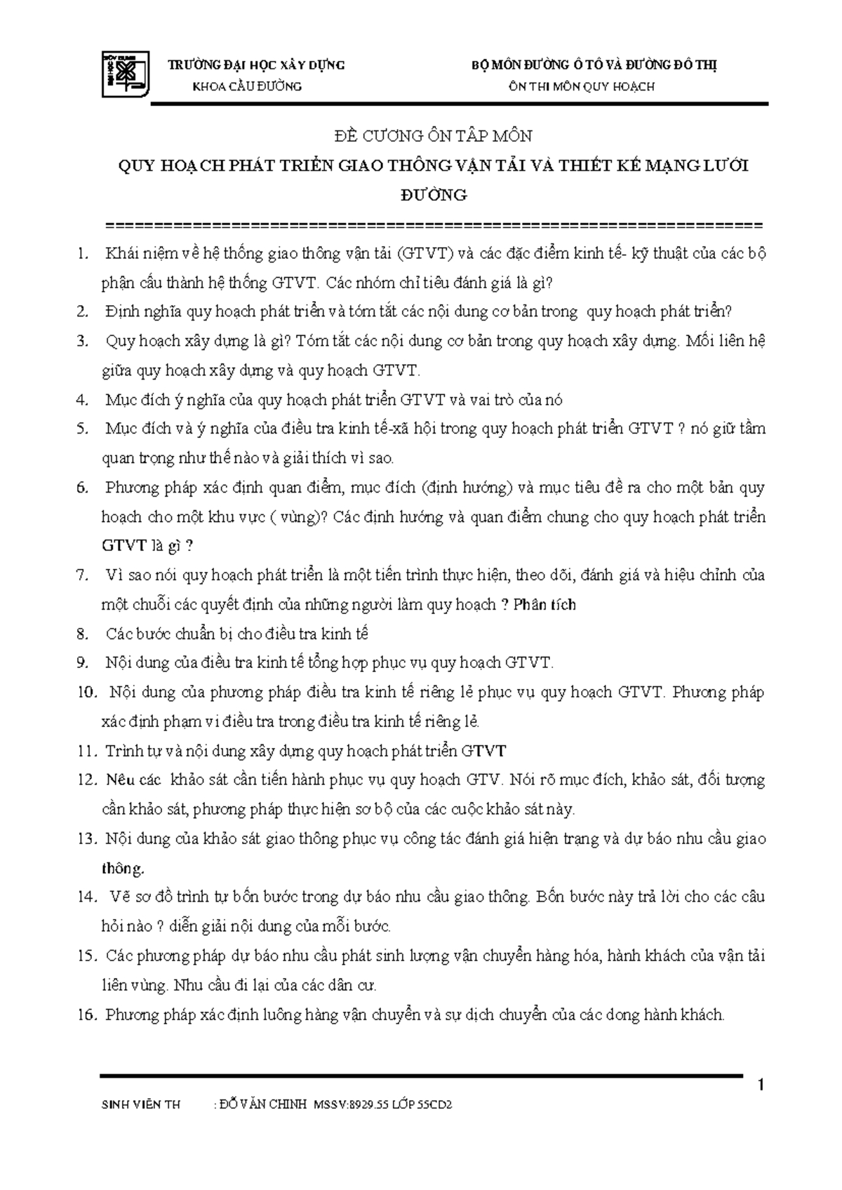 QUY HOCH PHAT TRIN GIAO Thong VN TI - TRƯỜNG ĐẠI HỌC XÂY DỰNG BỘ MÔN ĐƯỜNG Ô TÔ VÀ ĐƯỜNG ĐÔ THỊ ...
