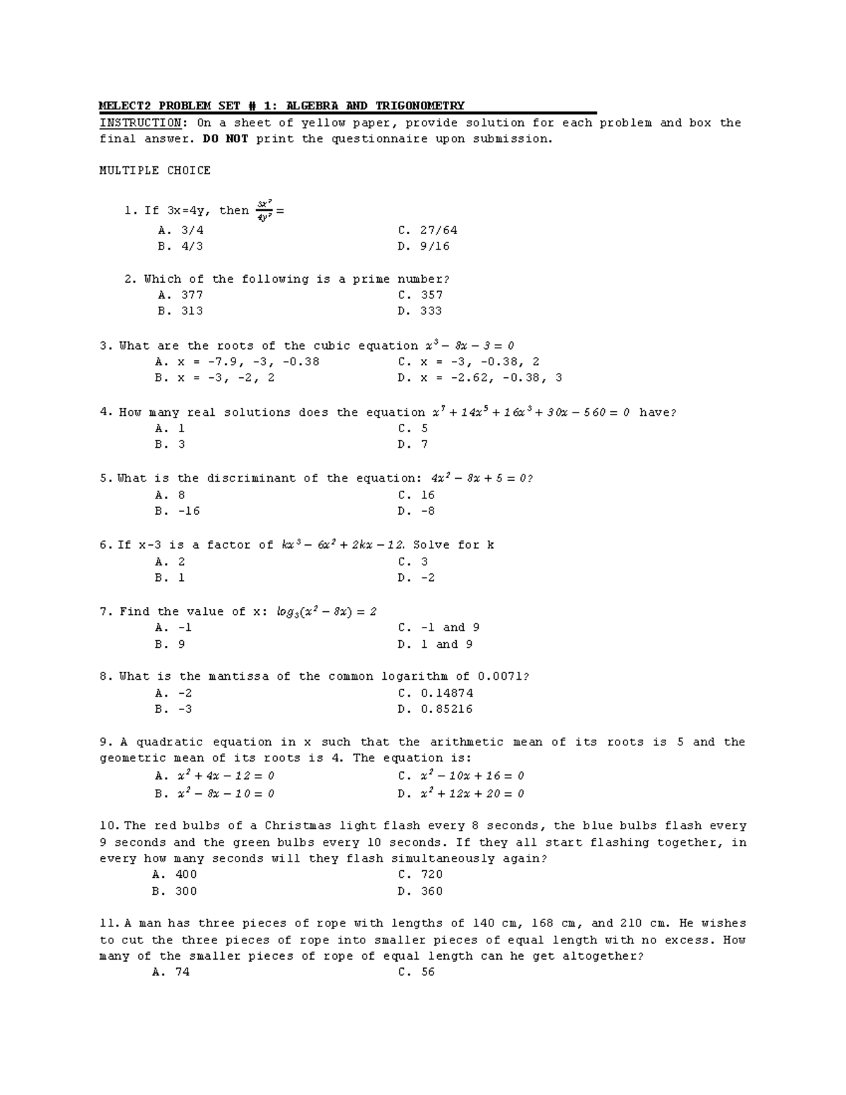 Alg Trigonometry - MELECT2 PROBLEM SET # 1: ALGEBRA AND TRIGONOMETRY ...