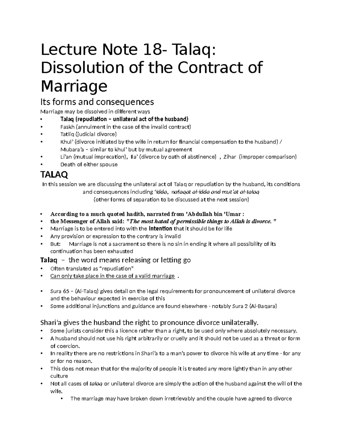 Lecture Note 18 Talaq - Lecture Note 18- Talaq: Dissolution of the ...