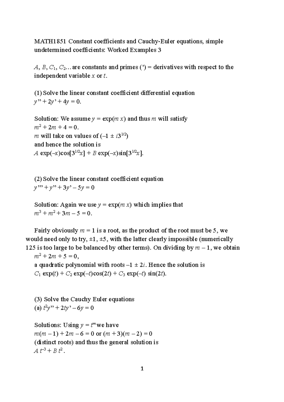Worked Examples 3 Constant coefficient and Cauchy Euler equations ...