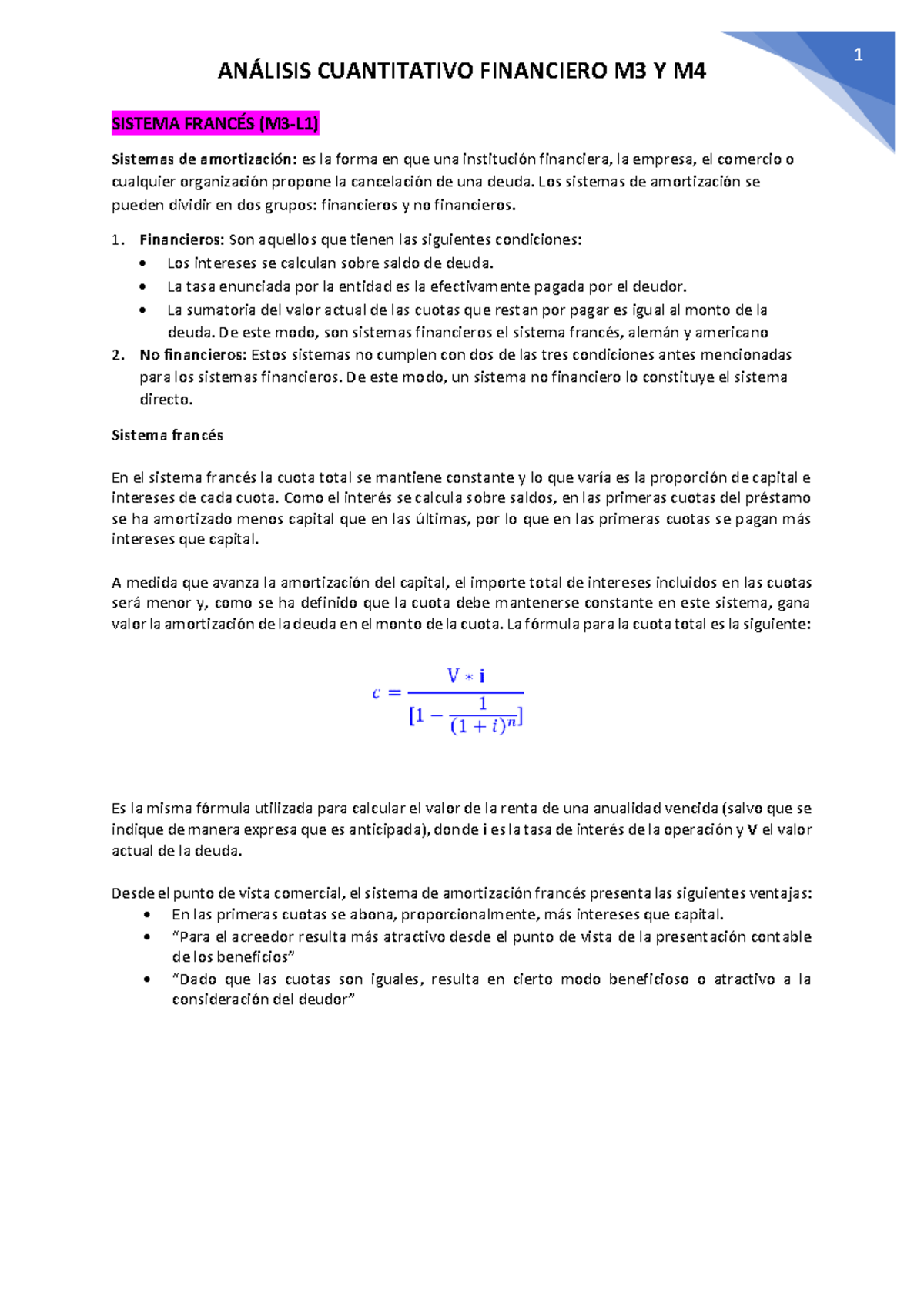 Resumen M3 Y M4 ACF - ANÁLISIS CUANTITATIVO FINANCIERO M3 Y M SISTEMA FRANCÉS (M3-L1) Sistemas ...