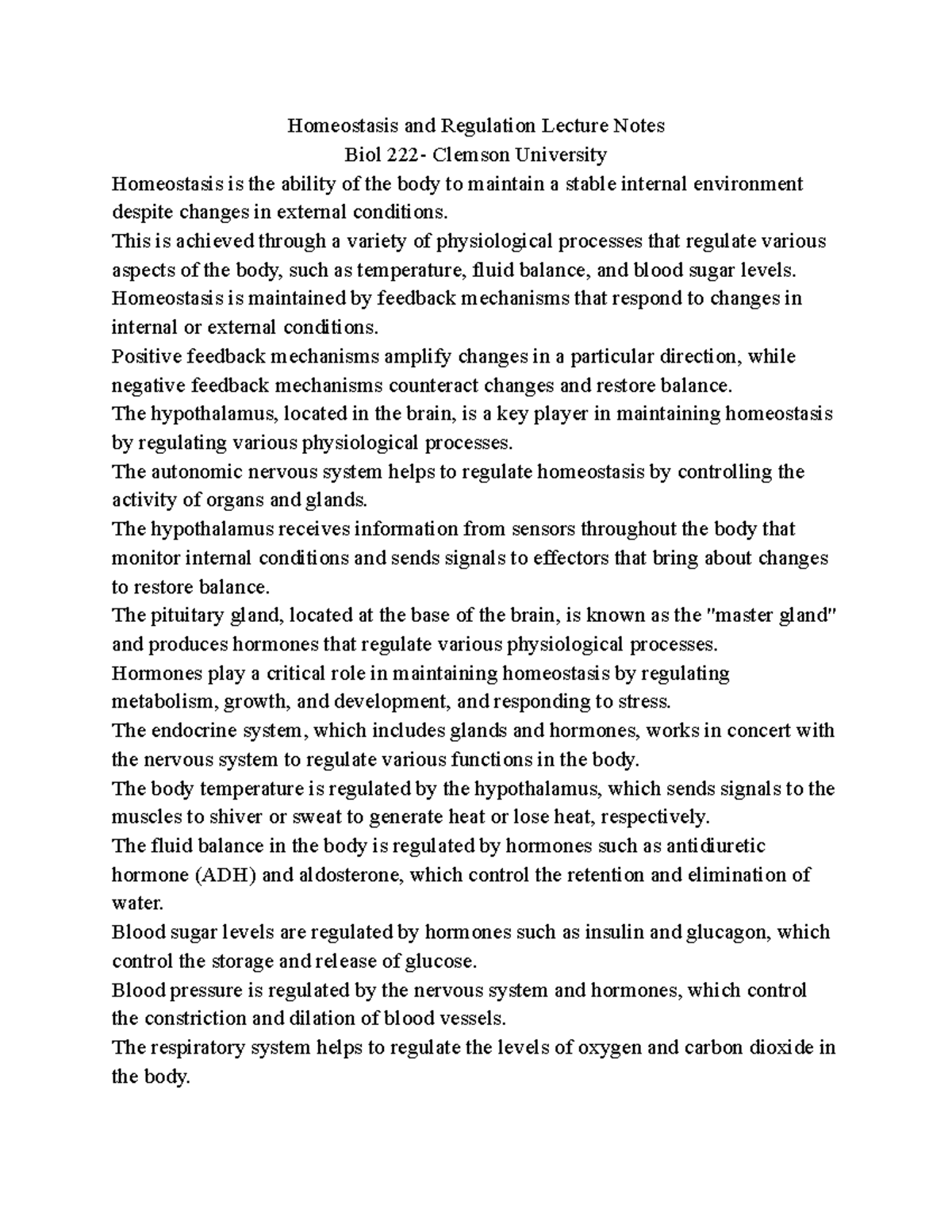 Homeostasis and Regulation Lecture Notes - This is achieved through a ...