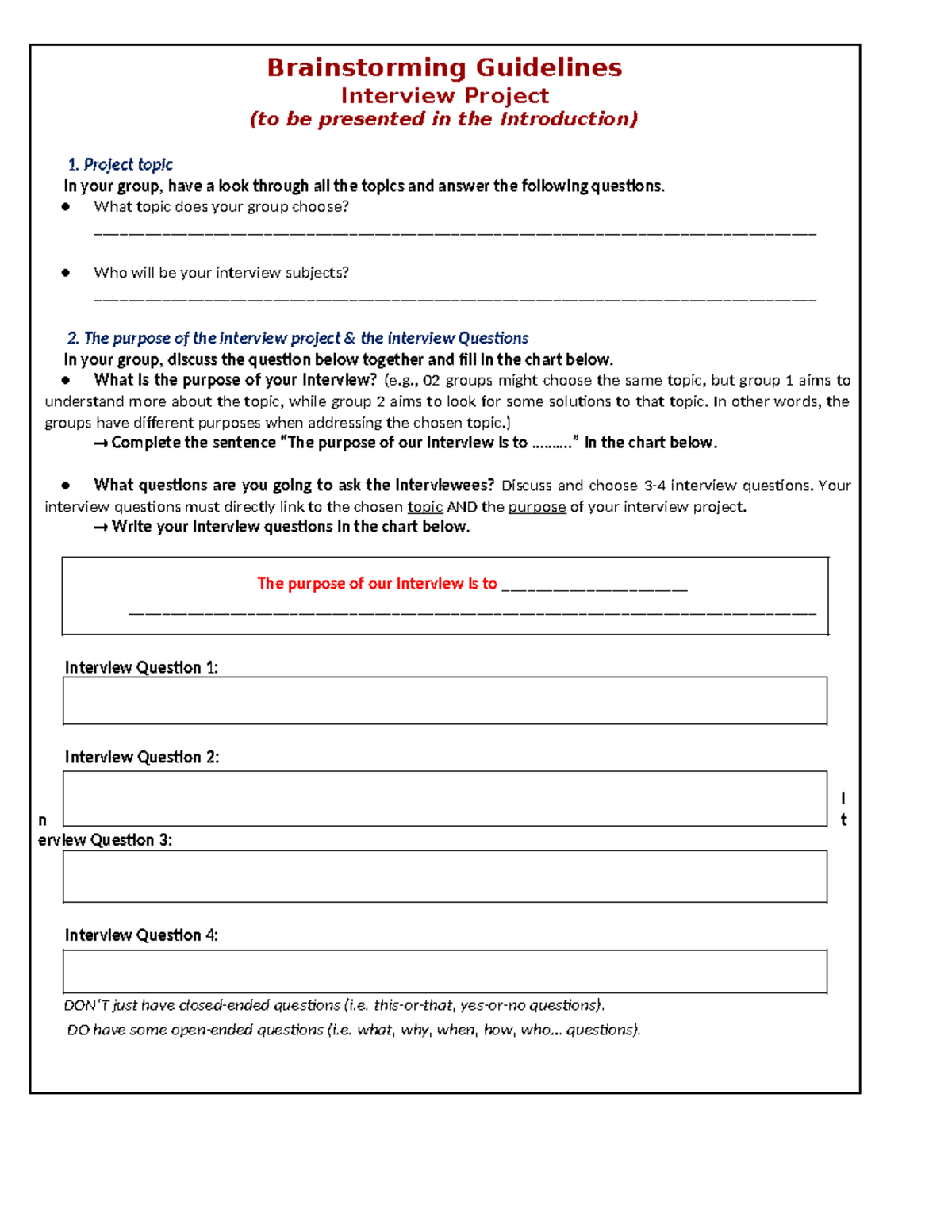 Phase 1 Interview Project Brainstorming Guidelines Brainstorming Guidelines Interview Project