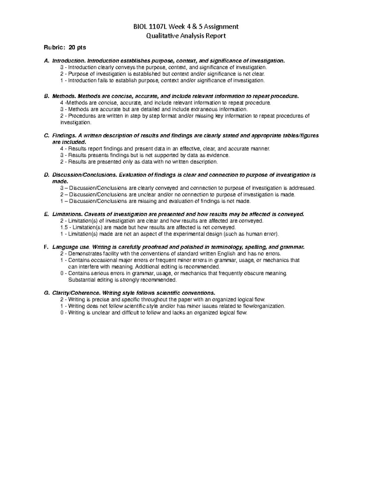 Qualitative Analysis Report Rubric - BIOL 1107L Week 4 & 5 Assignment ...