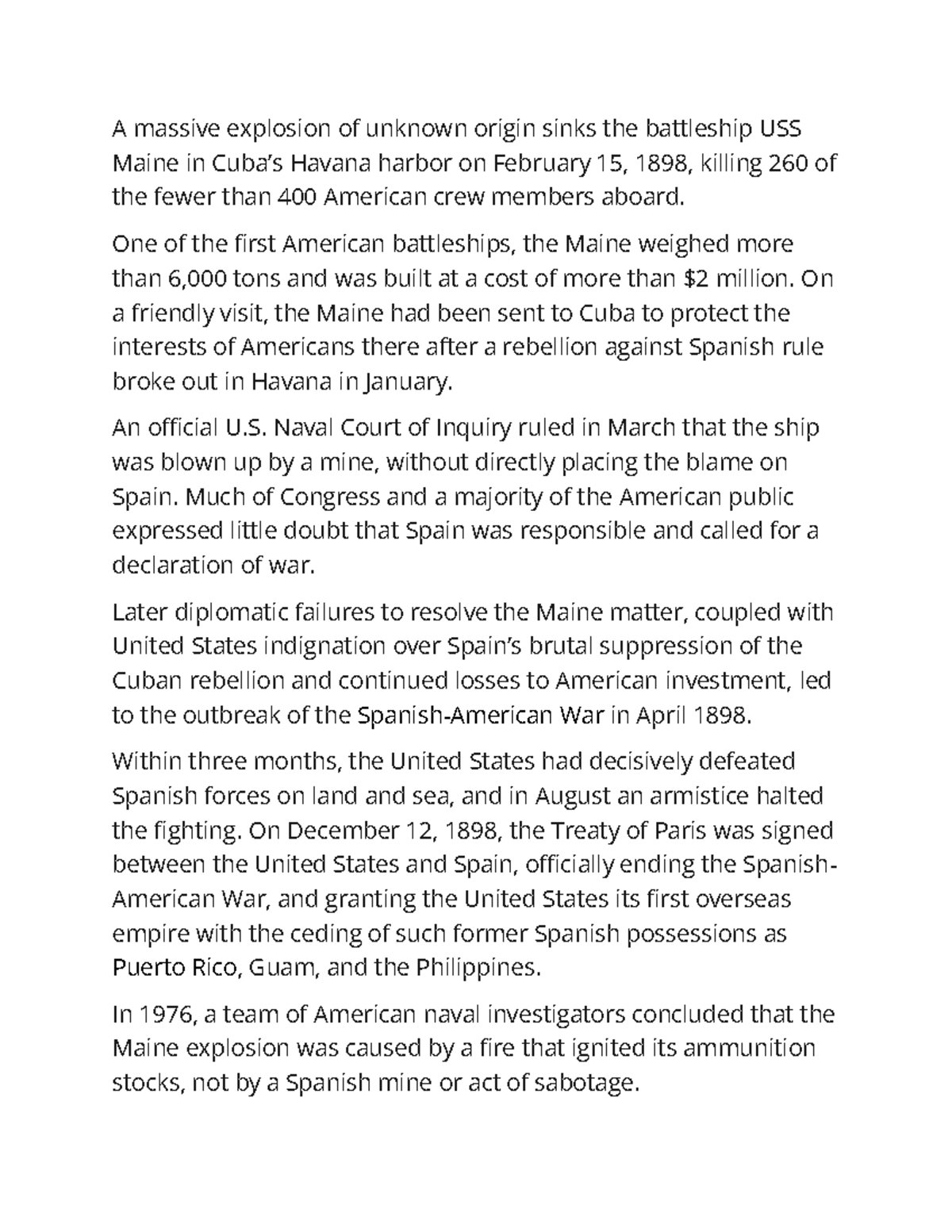 USS Maine - Notes - A massive explosion of unknown origin sinks the ...