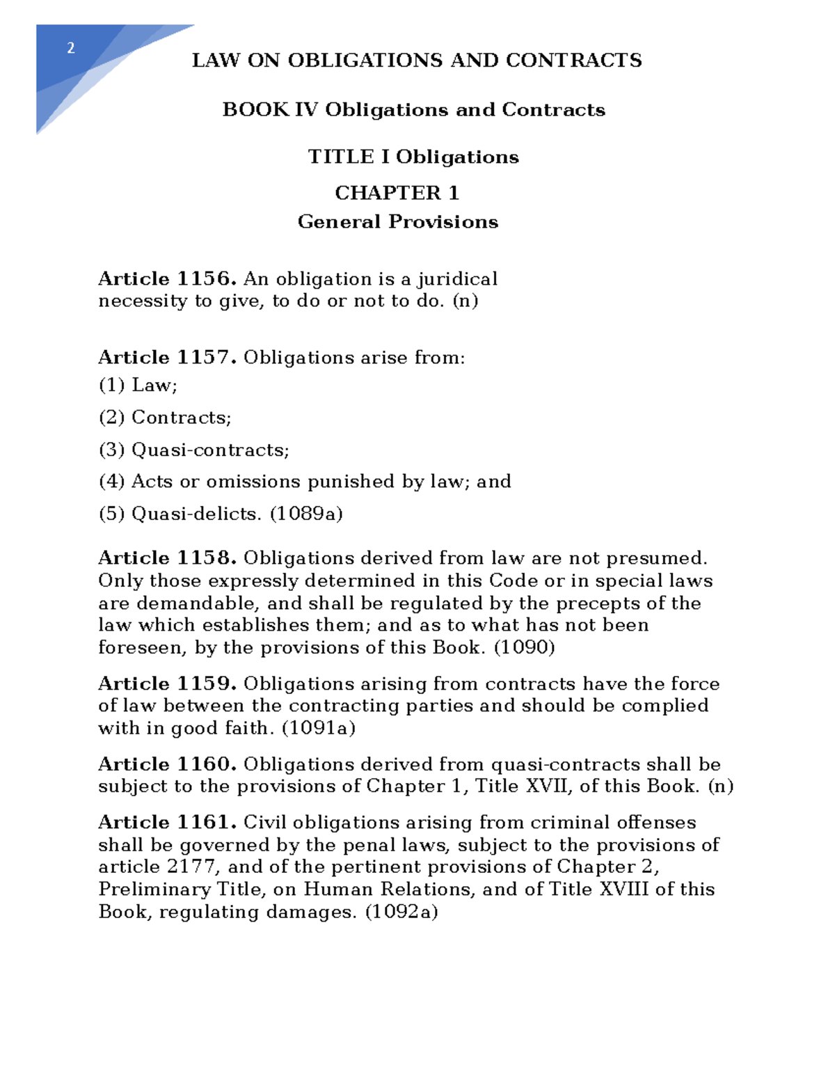 Module 1 Intro to Law General Provisions on Law on Obligations Codals ...