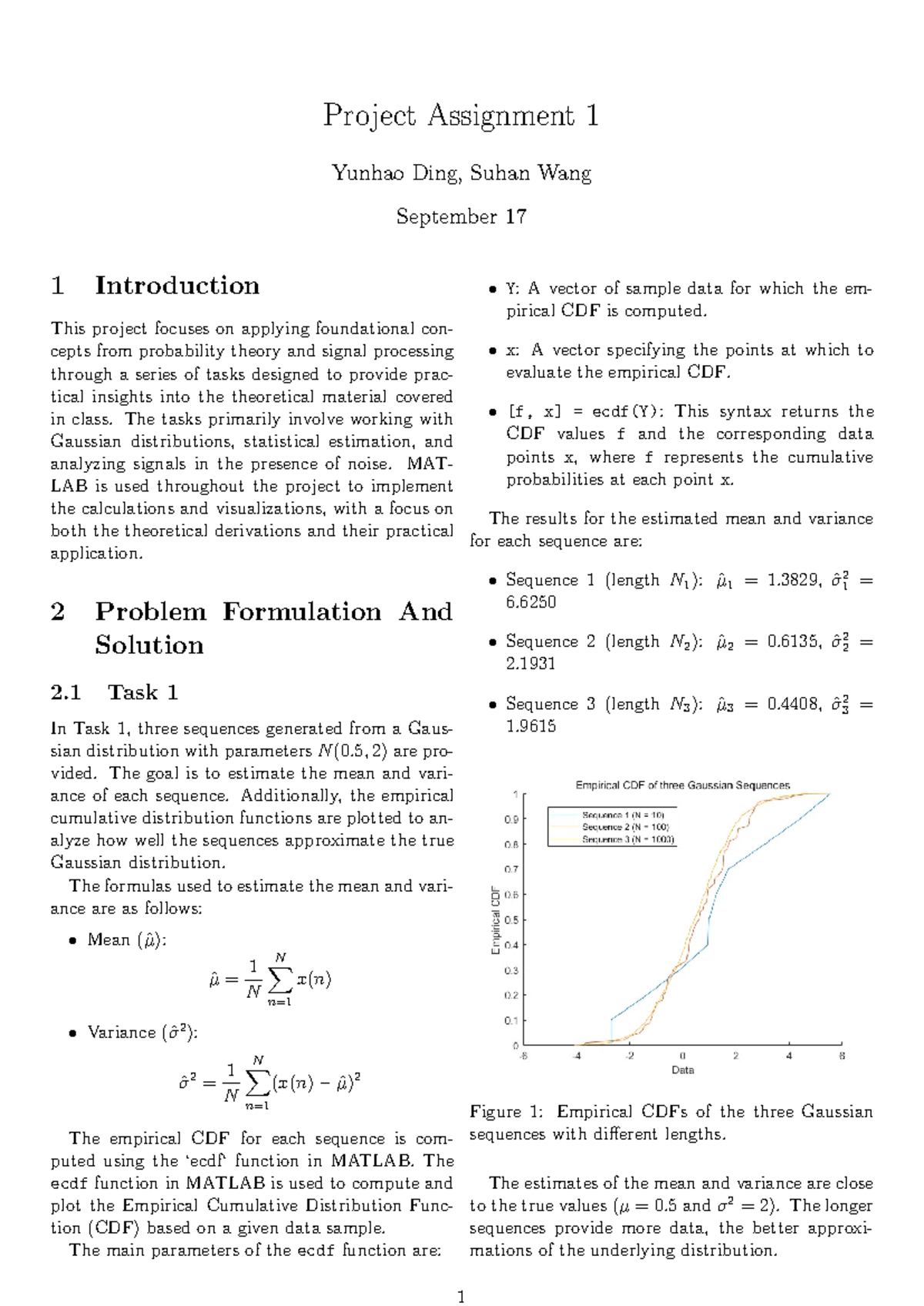 1 Signal Theory Project 1 - Project Assignment 1 Yunhao Ding, Suhan Wang September 17 1 ...
