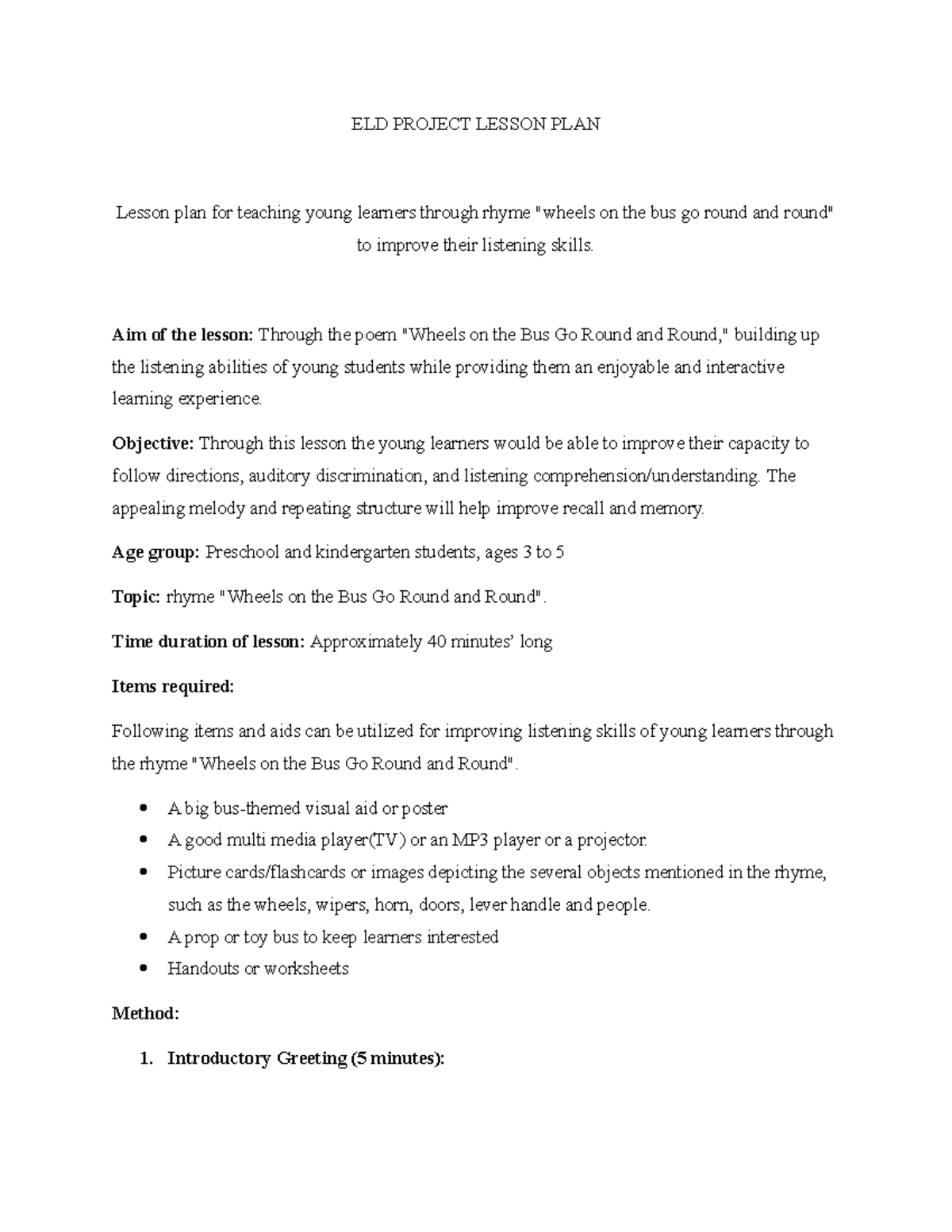 ELD Project Lesson PLAN - ELD PROJECT LESSON PLAN Lesson plan for ...