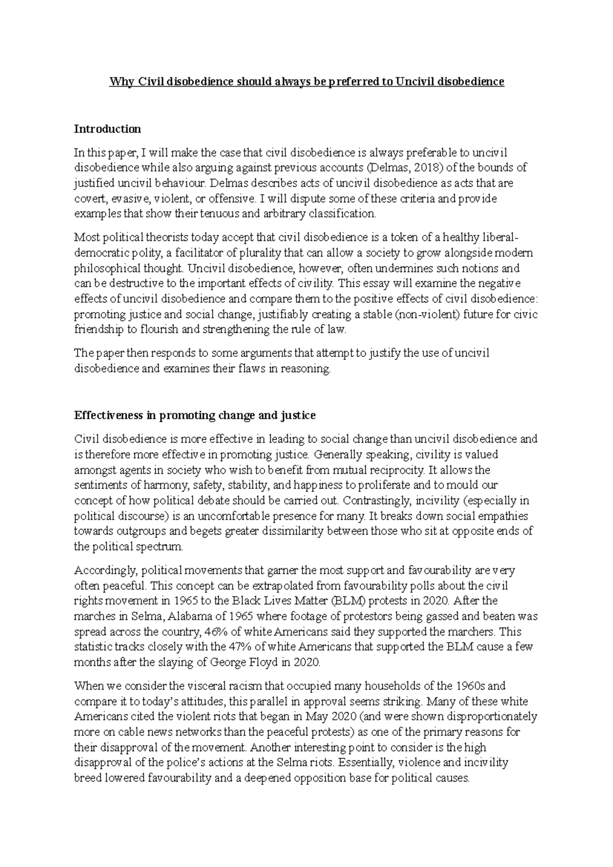 PHIL1013 essay - Why Civil disobedience should always be preferred to ...