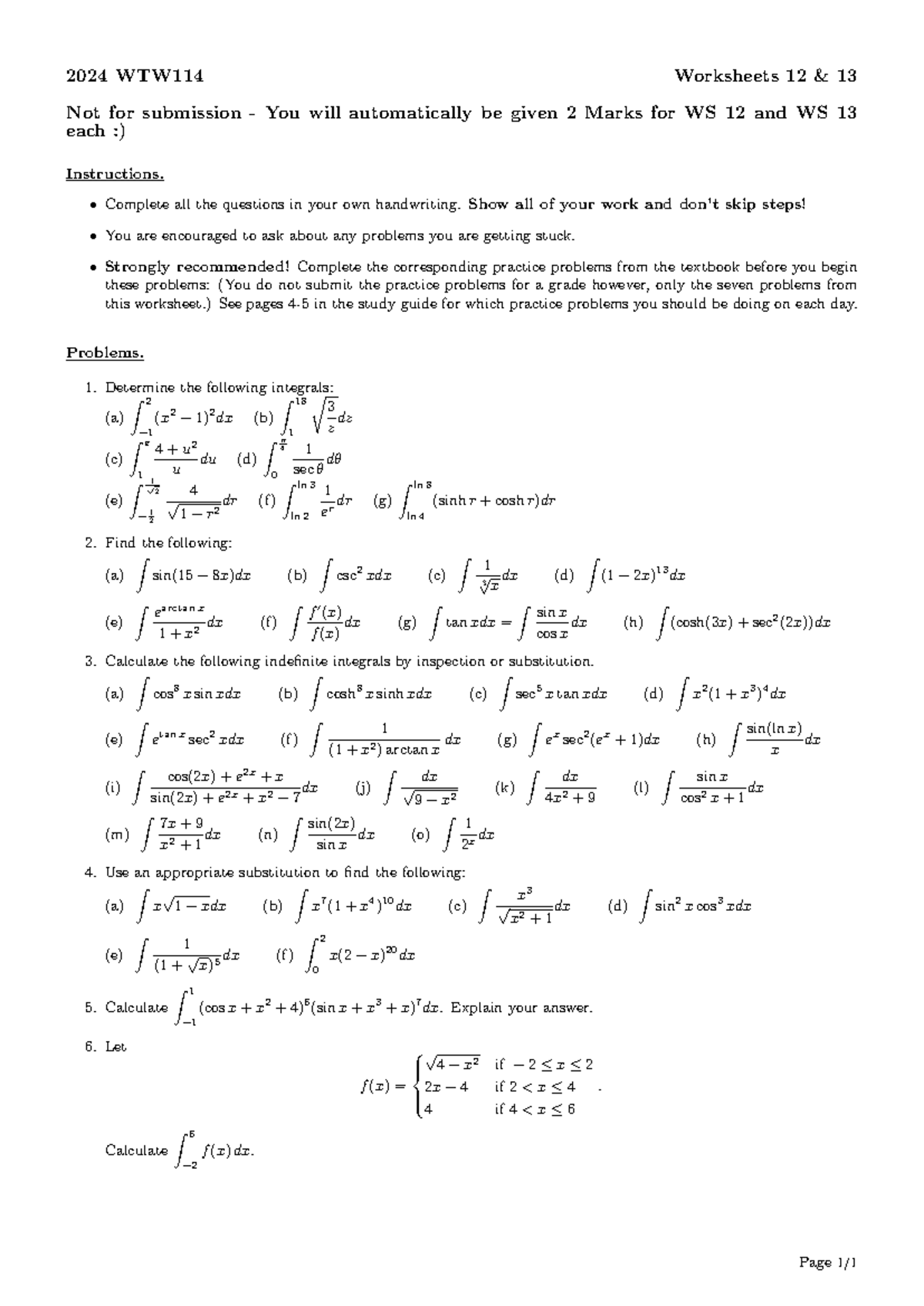 Worksheets 12 & 13 - 2024 WTW114 Worksheets 12 & 13 Not for submission ...