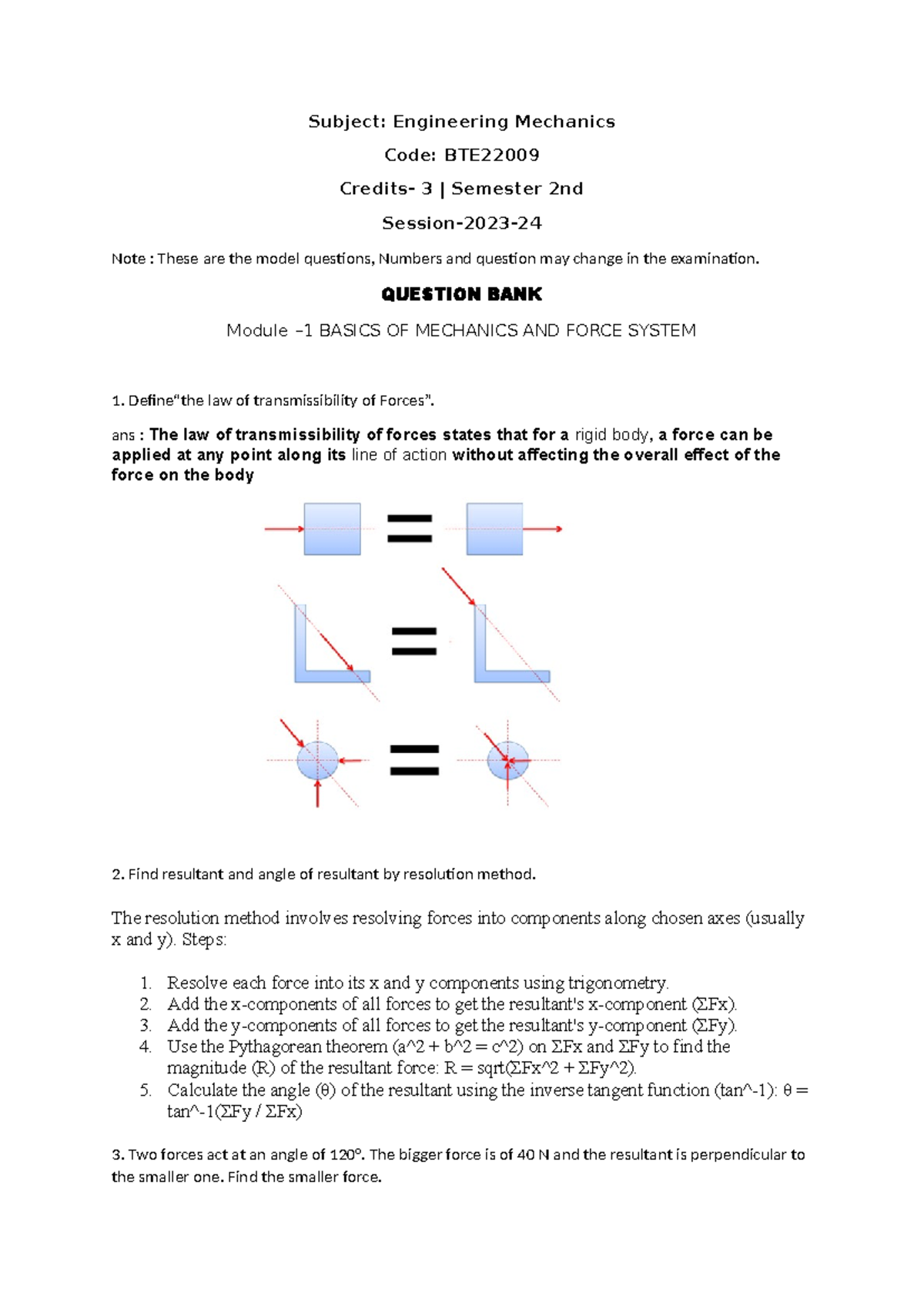Engineering mechanics - Subject: Engineering Mechanics Code: BTE ...