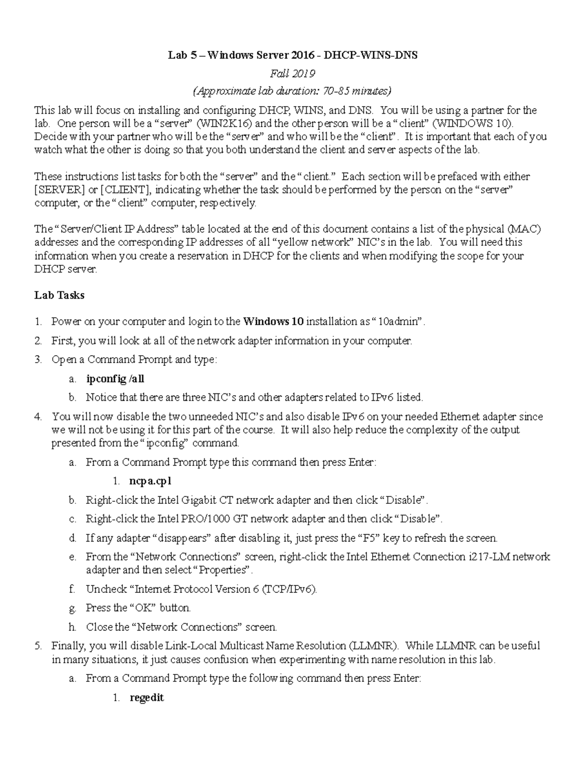 Lab 5 - Windows Server 2016 - DHCP-WINS-DNS - Lab 5 – Windows Server ...