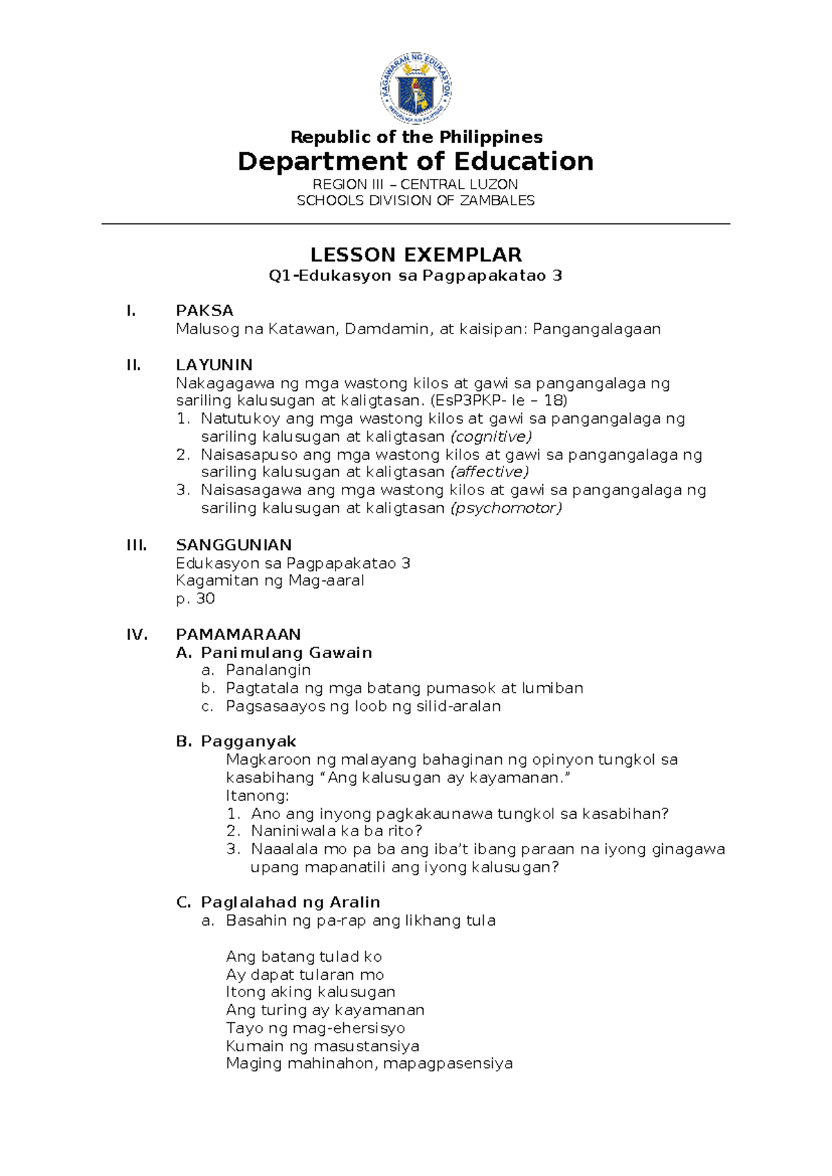 Lesson- Exemplar - Republic of the Philippines Department of Education REGION III – CENTRAL ...
