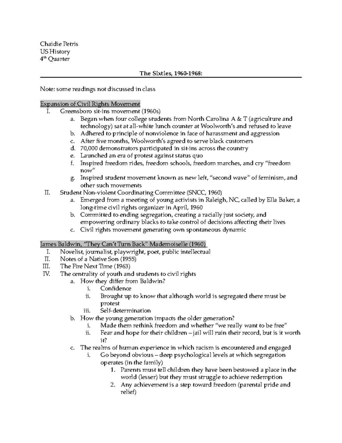 Chapter 25 Notes - Chaidie Petris US History 4 th Quarter The Sixties ...