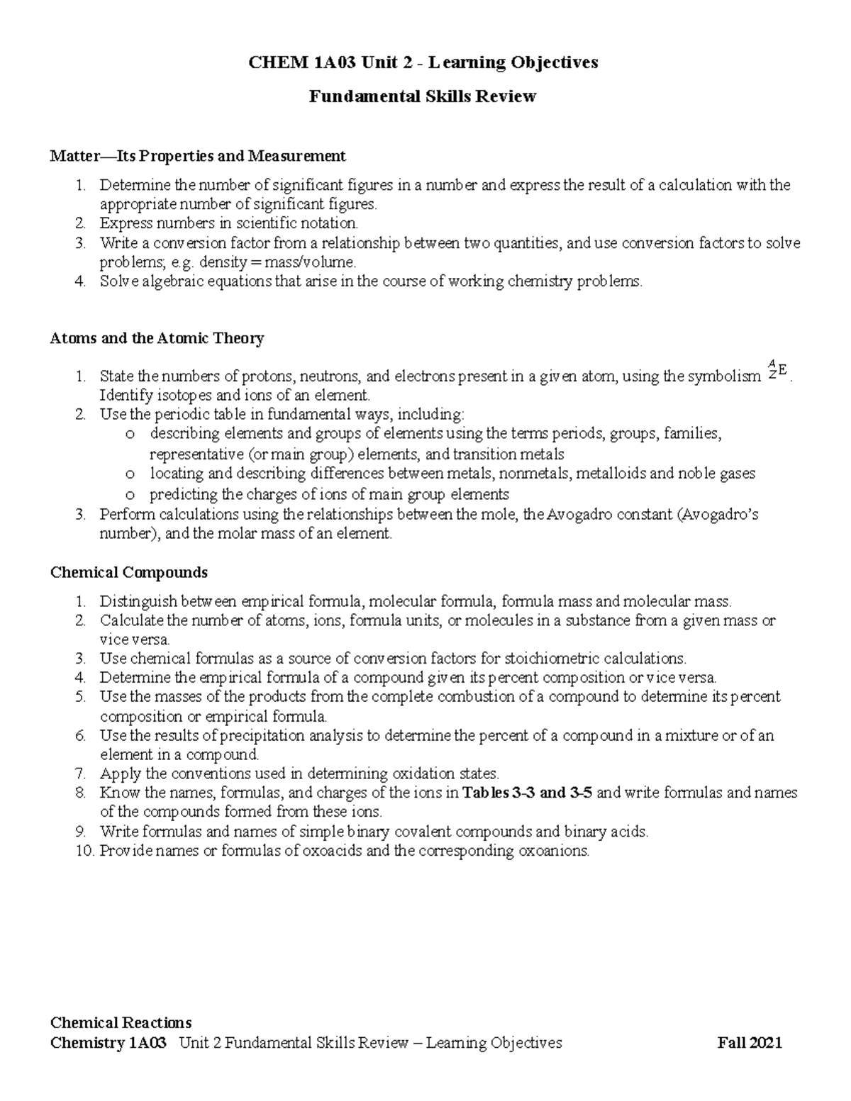 Chemistry 1A03 Unit 2 Learning Objectives - Studocu