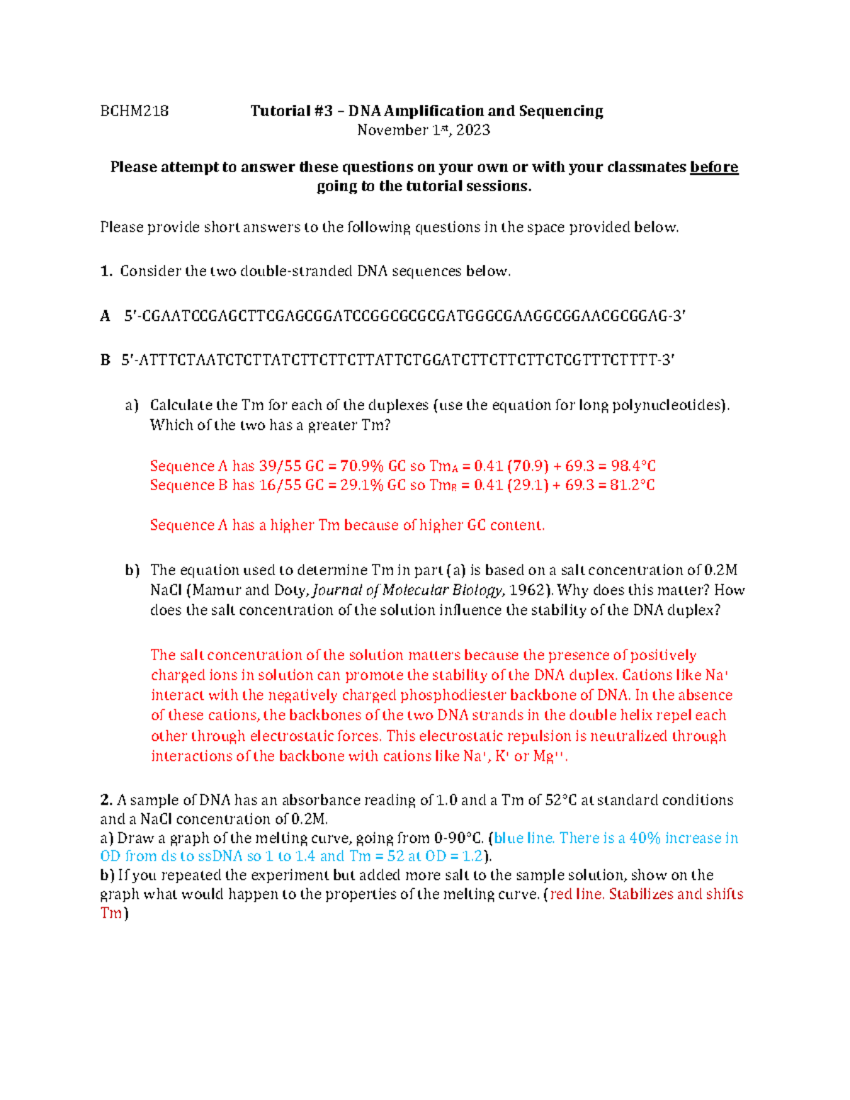 BCHM 218 - Tutorial 3 - Fall 2023 - Answers - BCHM218 Tutorial # 3 ...