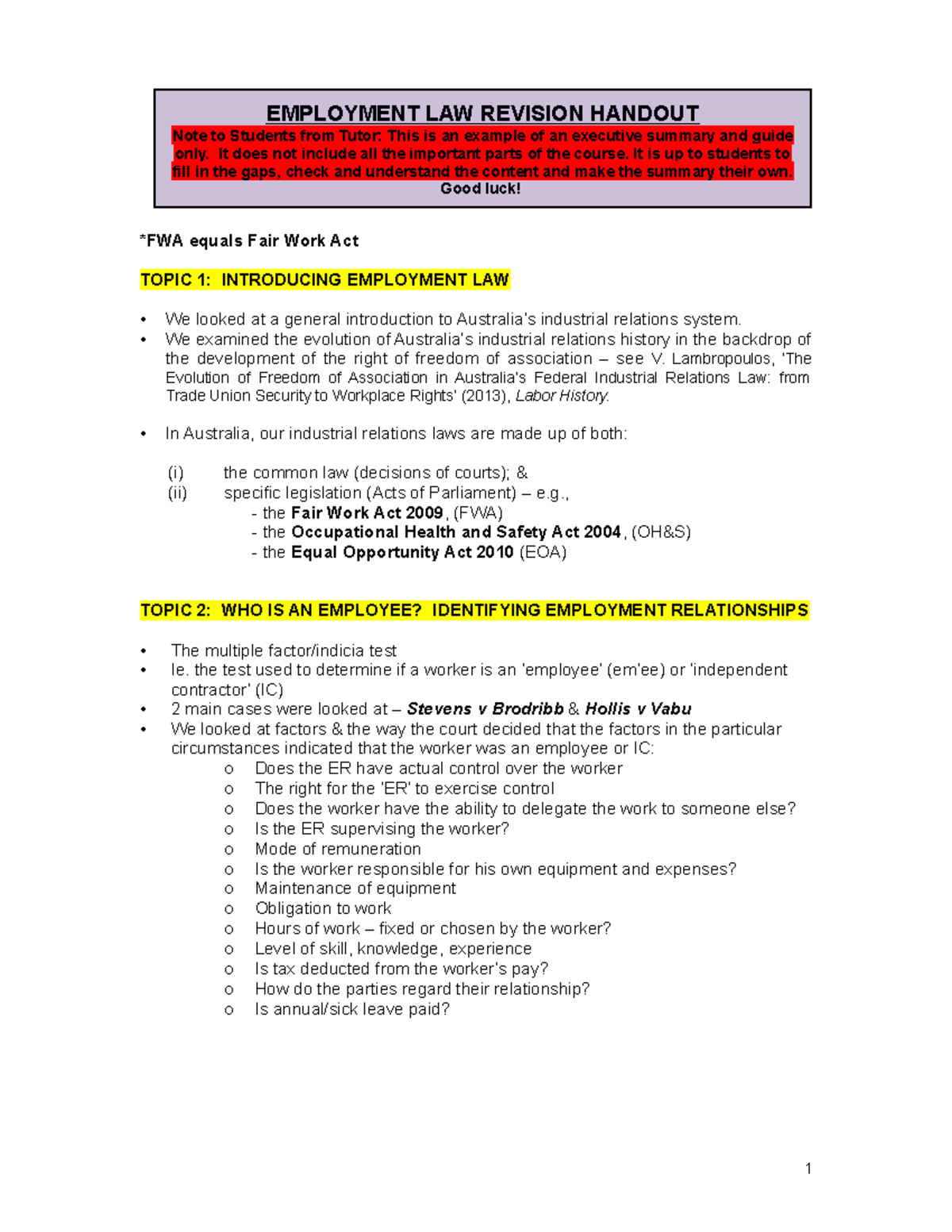 Employment Revision Handout 2014 (word) - *FWA equals Fair Work Act ...