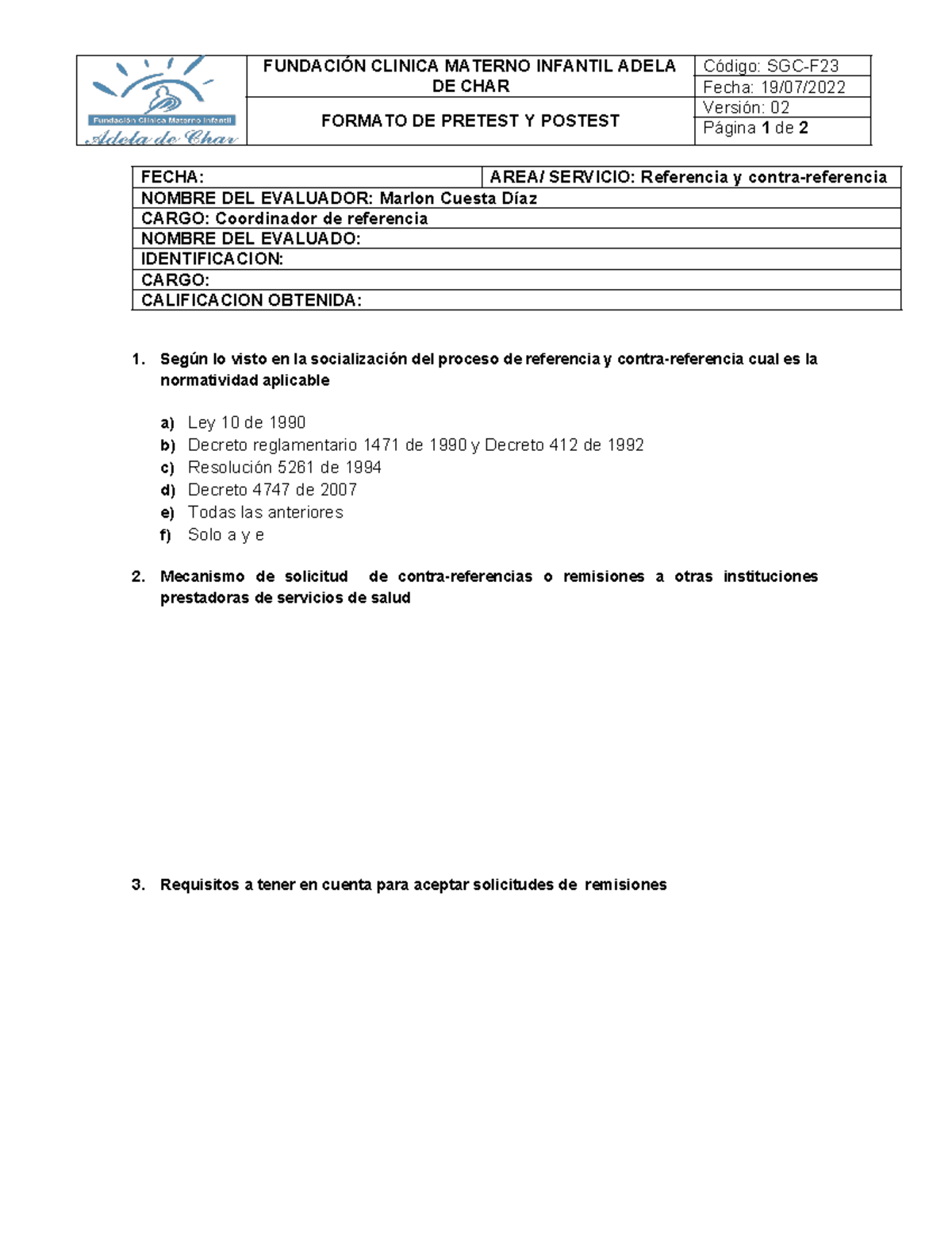 Formato DE Pretest Y Postest - FUNDACIÓN CLINICA MATERNO INFANTIL ADELA ...