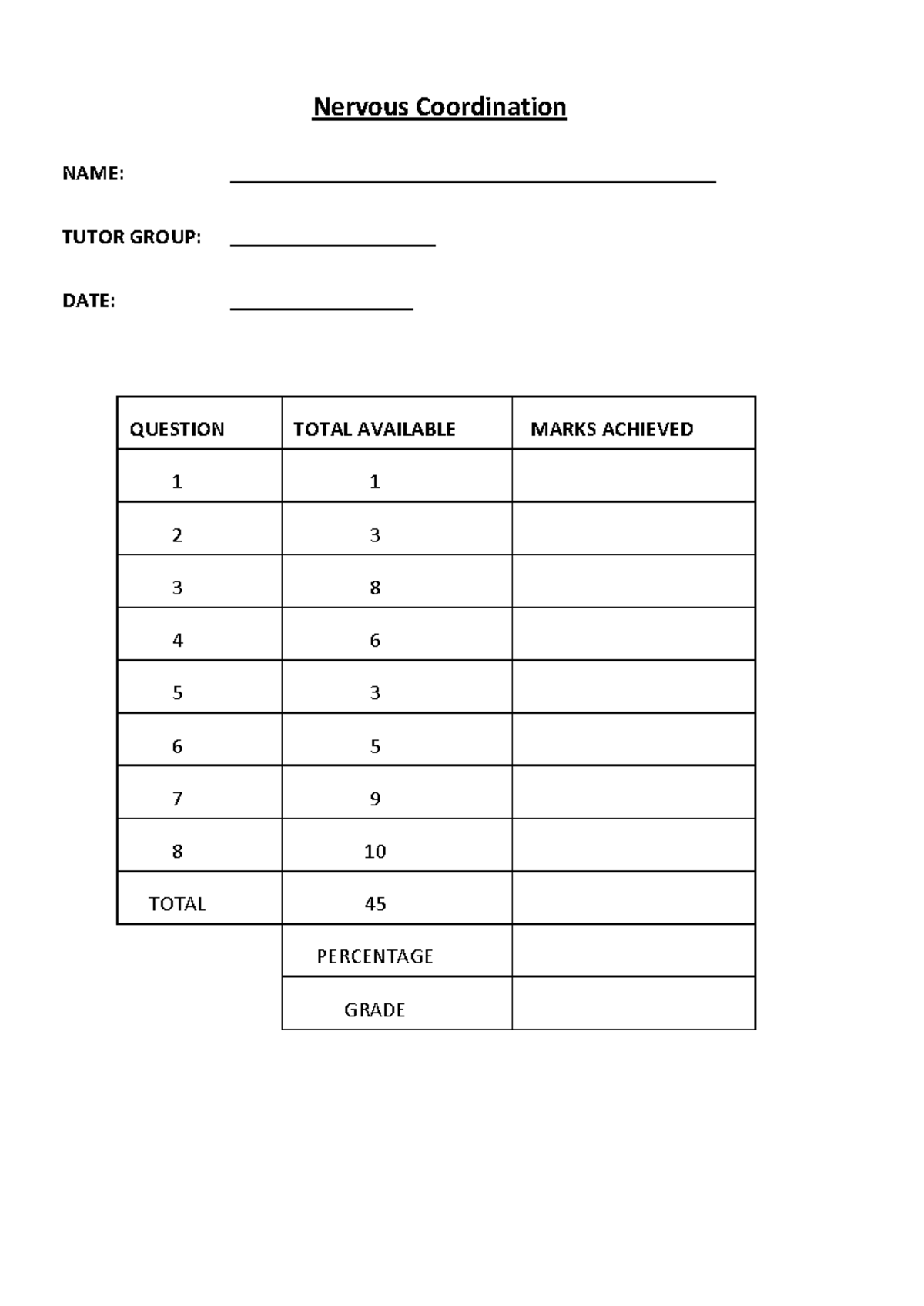 Nerves and eye short test and MS - Nervous Coordination NAME: - Studocu