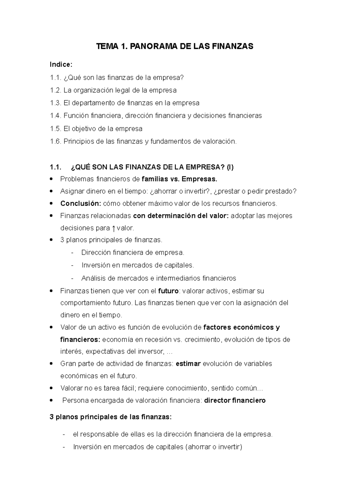 TEMA 1 finanzas - TEMA 1. PANORAMA DE LAS FINANZAS Indice: ¿Qué son las finanzas de la empresa ...