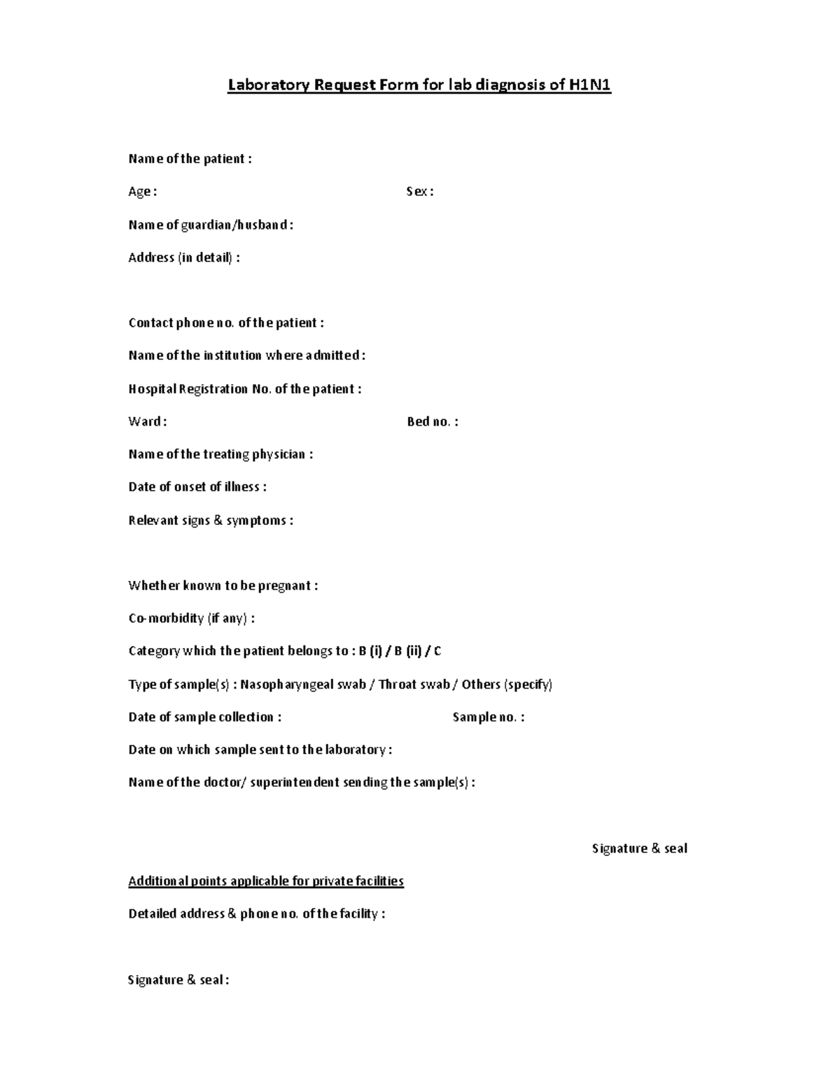 LRF-Influenza A H1N1 - Laboratory Request Form for lab diagnosis of H1N ...