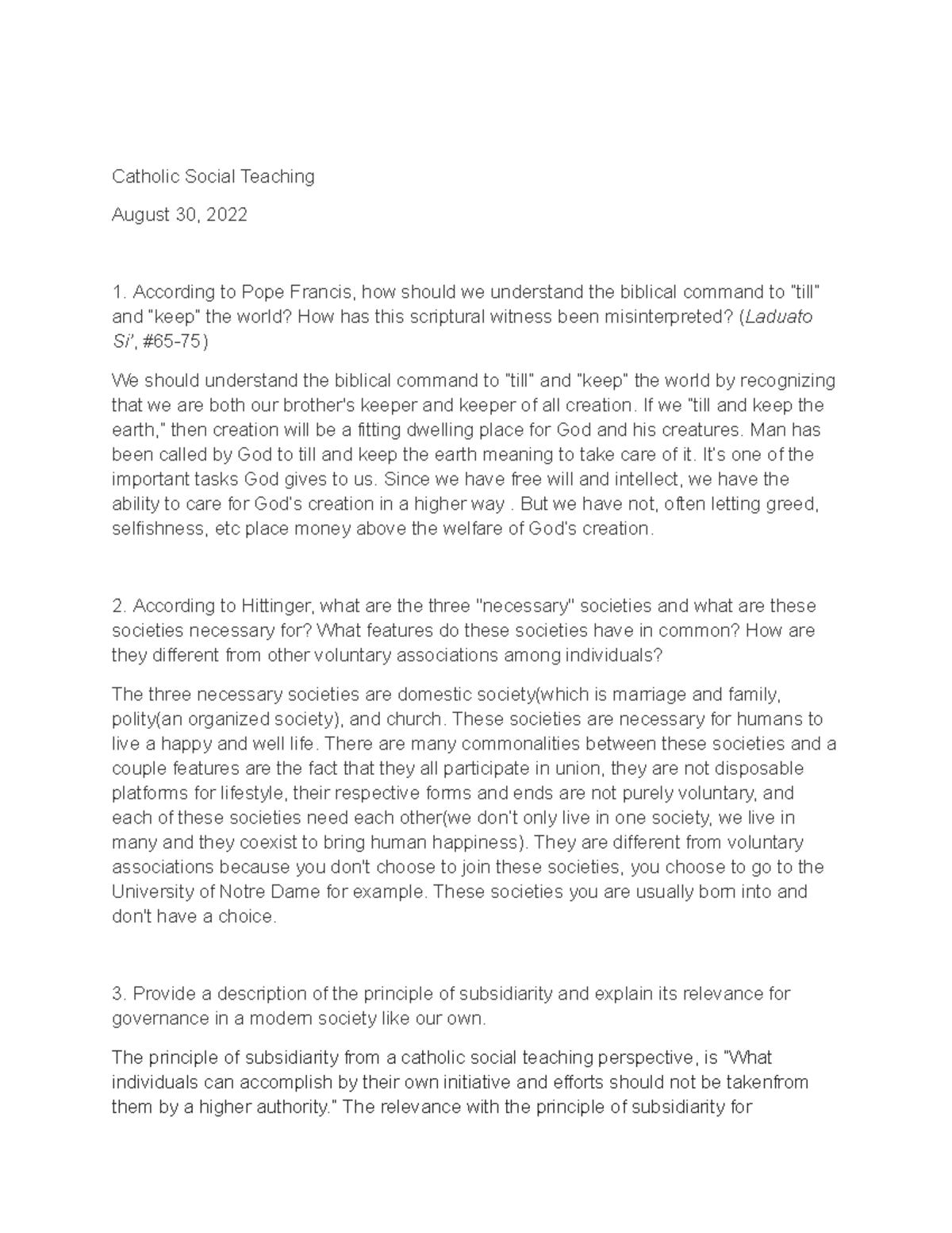 Reading Response #2-2 - Catholic Social Teaching August 30, 2022 ...