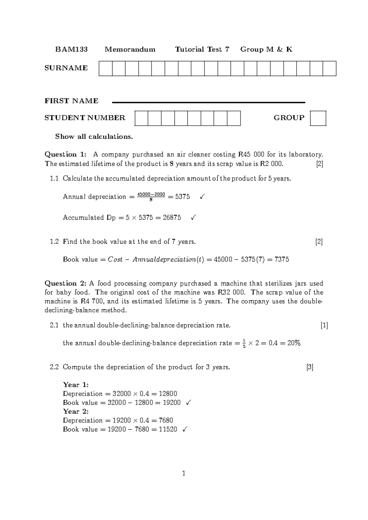 Tut test 7 (M&K) - Memo - .... - BAM133 Memorandum Tutorial Test 7 ...