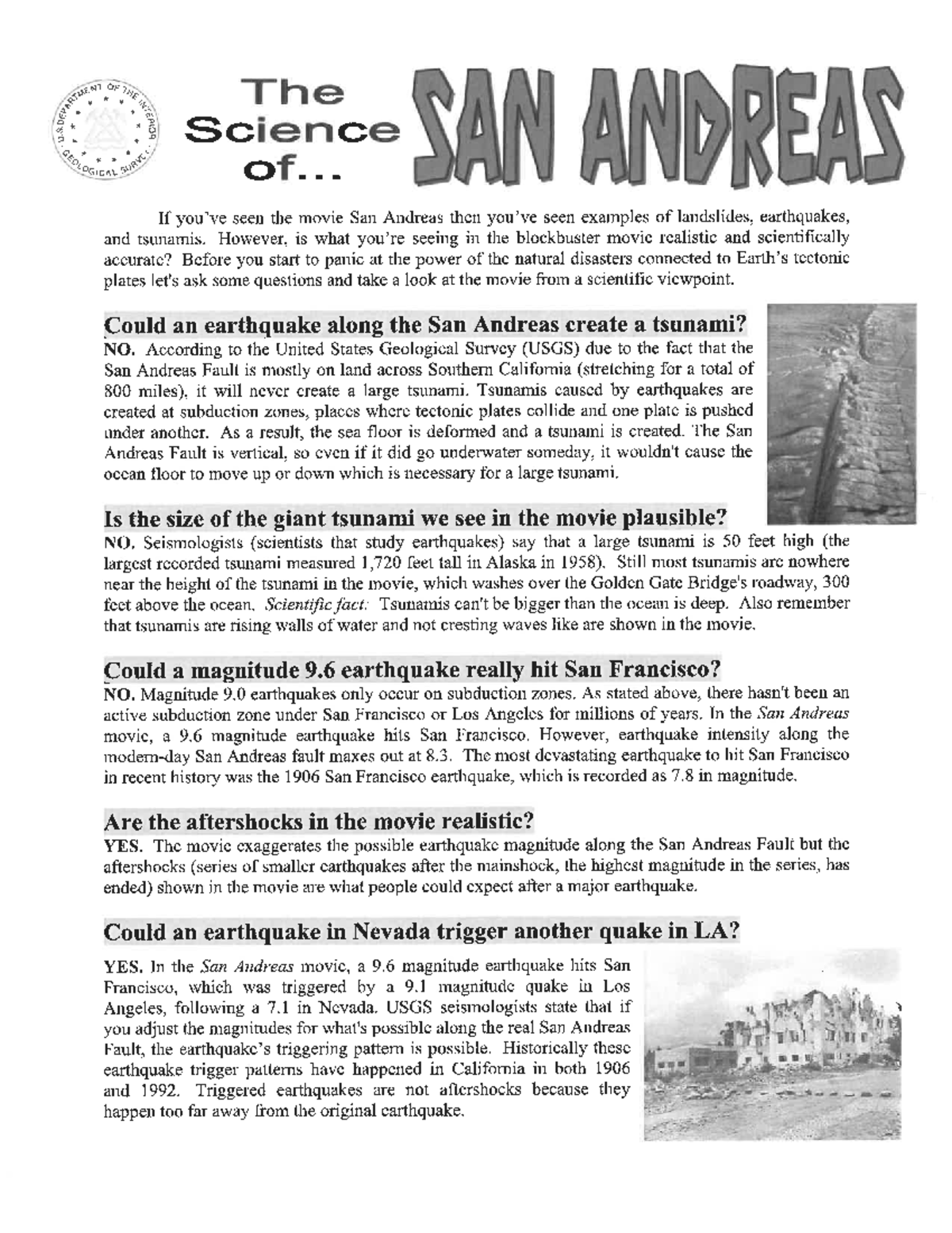 The Science of San Andreas - OF DEPARTMENT Science The SAN ANDREAS of ...