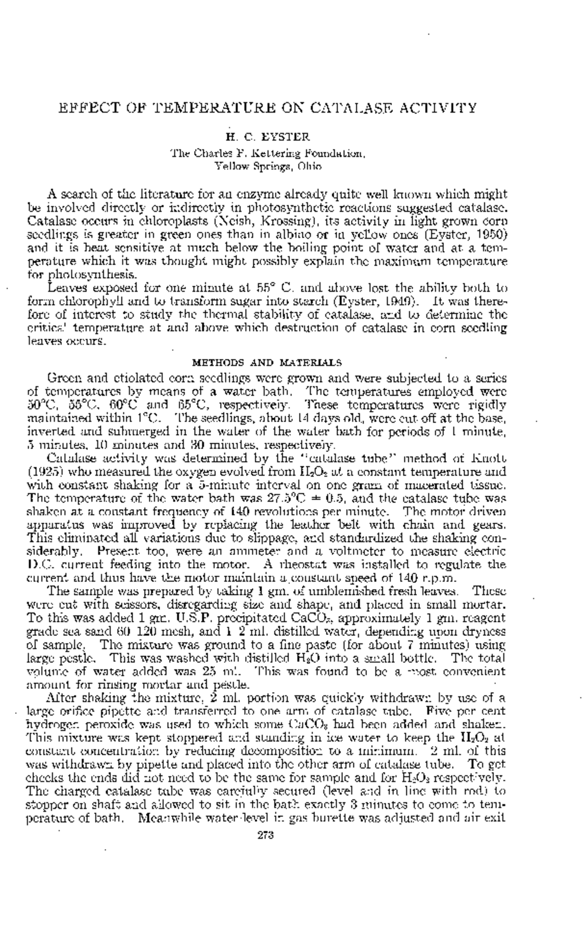 Enzyme reactions lab - EFFECT OF TEMPERATURE ON CATALASE ACTIVITY H. C ...
