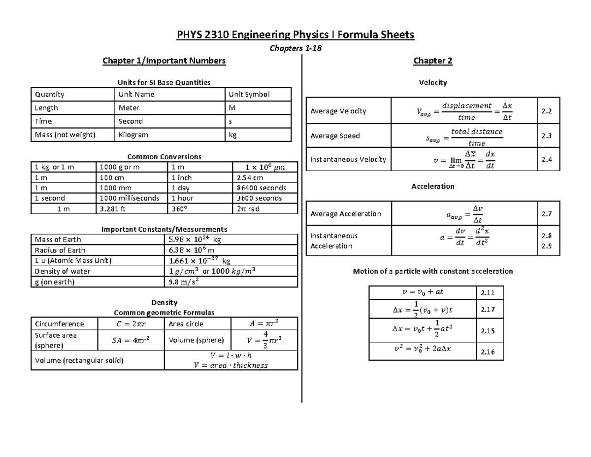 PHYS 2310 Engineering Physics I Formula Sheets Chapters 1-18 - 98 × 10 ...