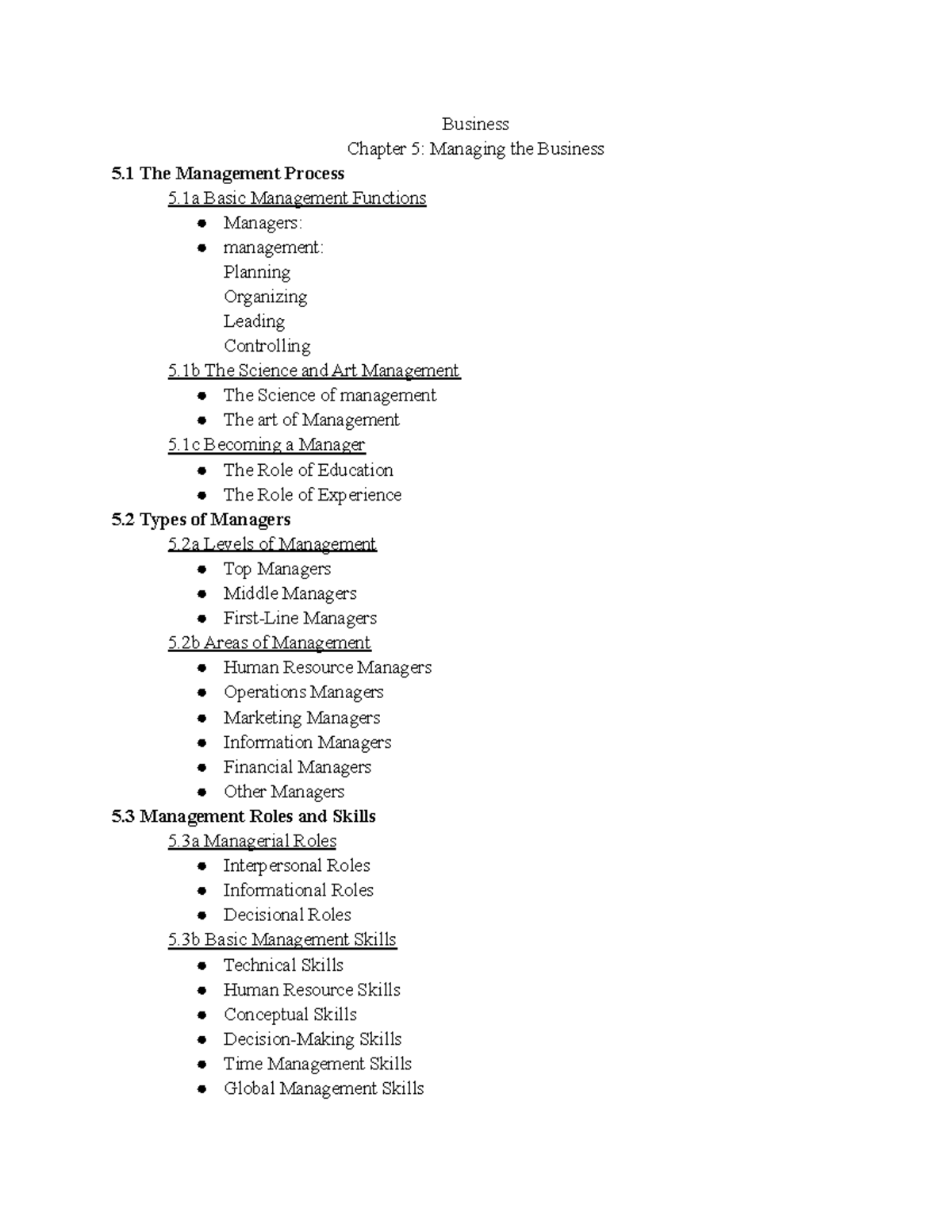 Buisness chapter 5 - Business Chapter 5: Managing the Business 5 The Management Process 5 Basic ...