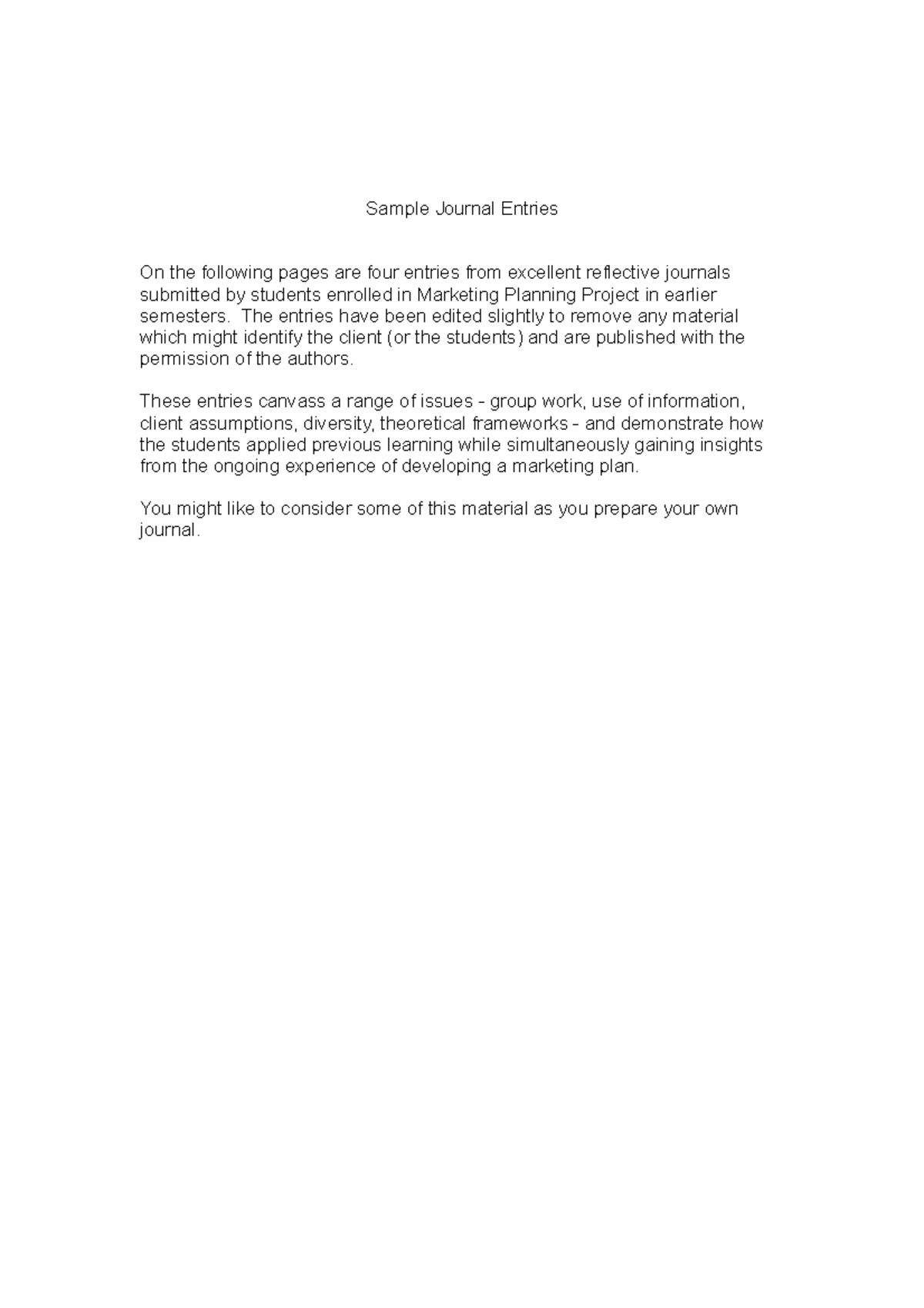 Sample Journal Entries - The entries have been edited slightly to ...