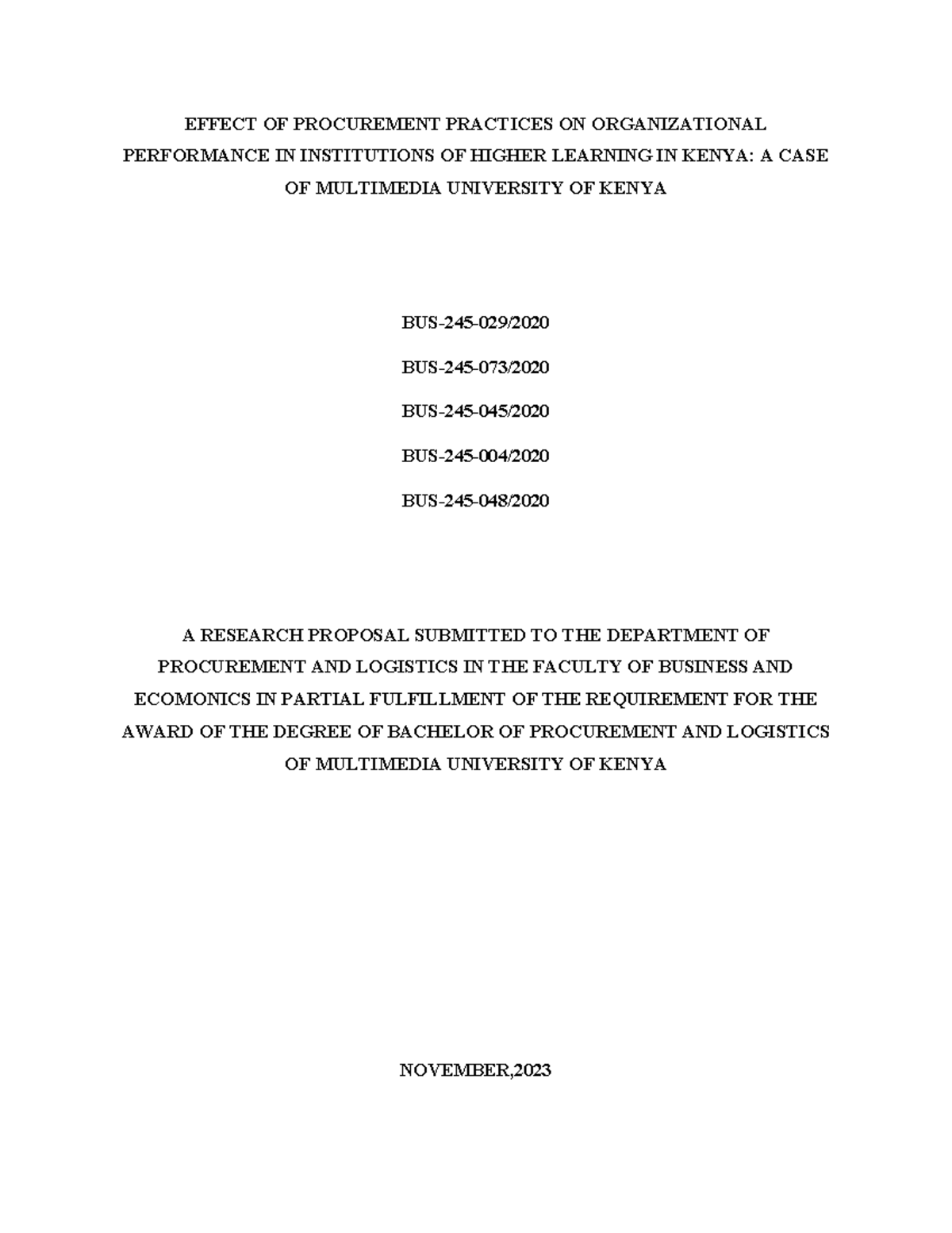 MMU Proposal Final - Project7 - EFFECT OF PROCUREMENT PRACTICES ON ...