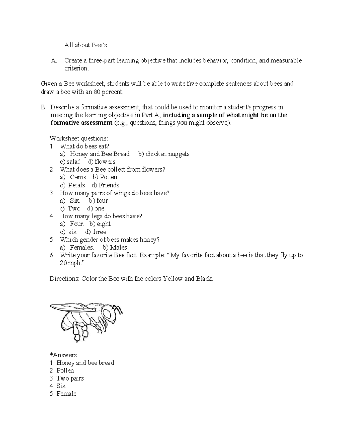 DIM4 TASK 1 Assessment Planning 2 - All about Bee’s A. Create a three ...