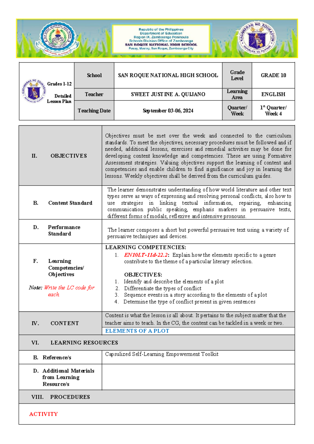 Q1 W4- Elements OF A PLOT - Grades 1- Detailed Lesson Plan School SAN ...