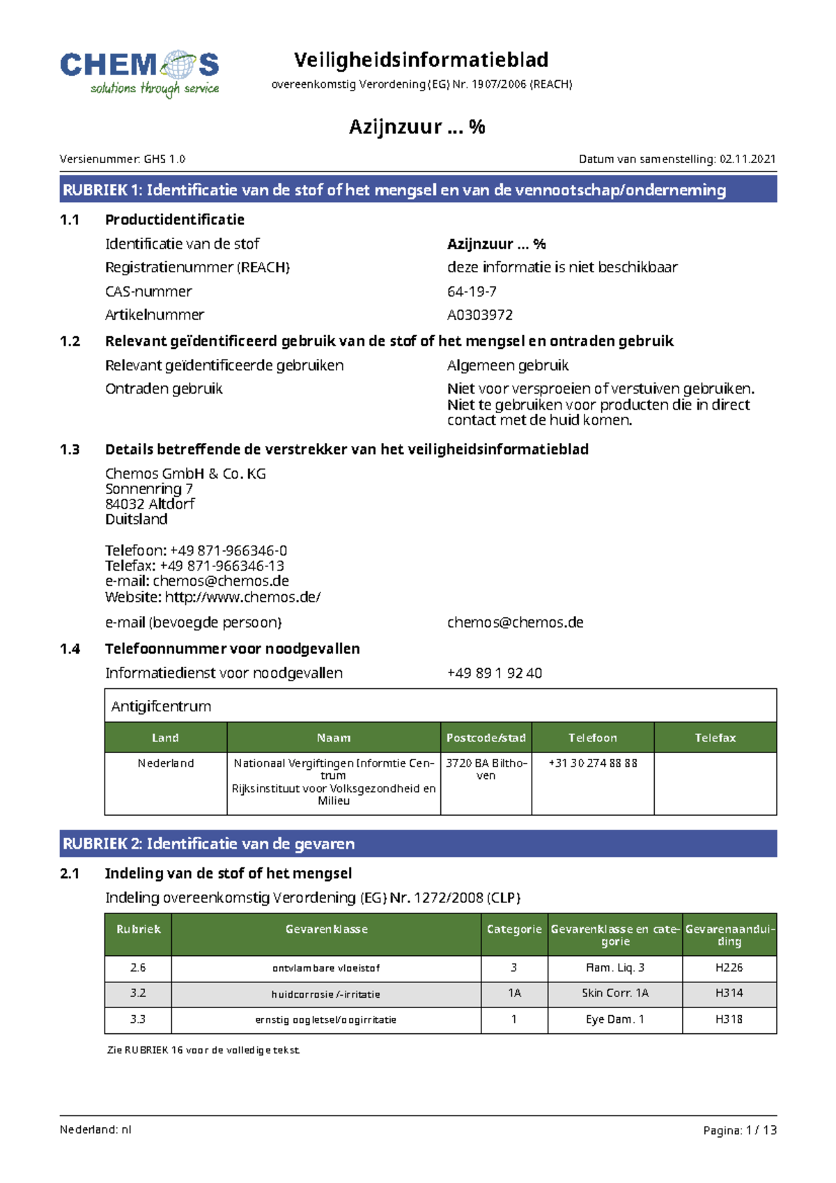 MSDS azijnzuur - RUBRIEK 1: Identificatie van de stof of het mengsel en ...