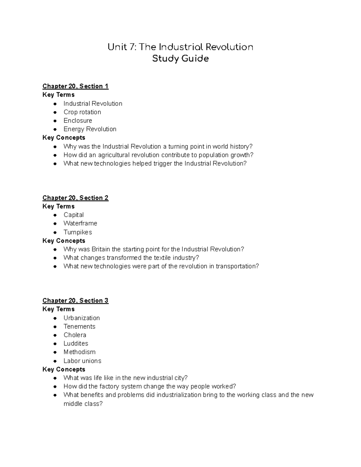 Industrial Revolution Study Guide - Unit 7: The Industrial Revolution ...