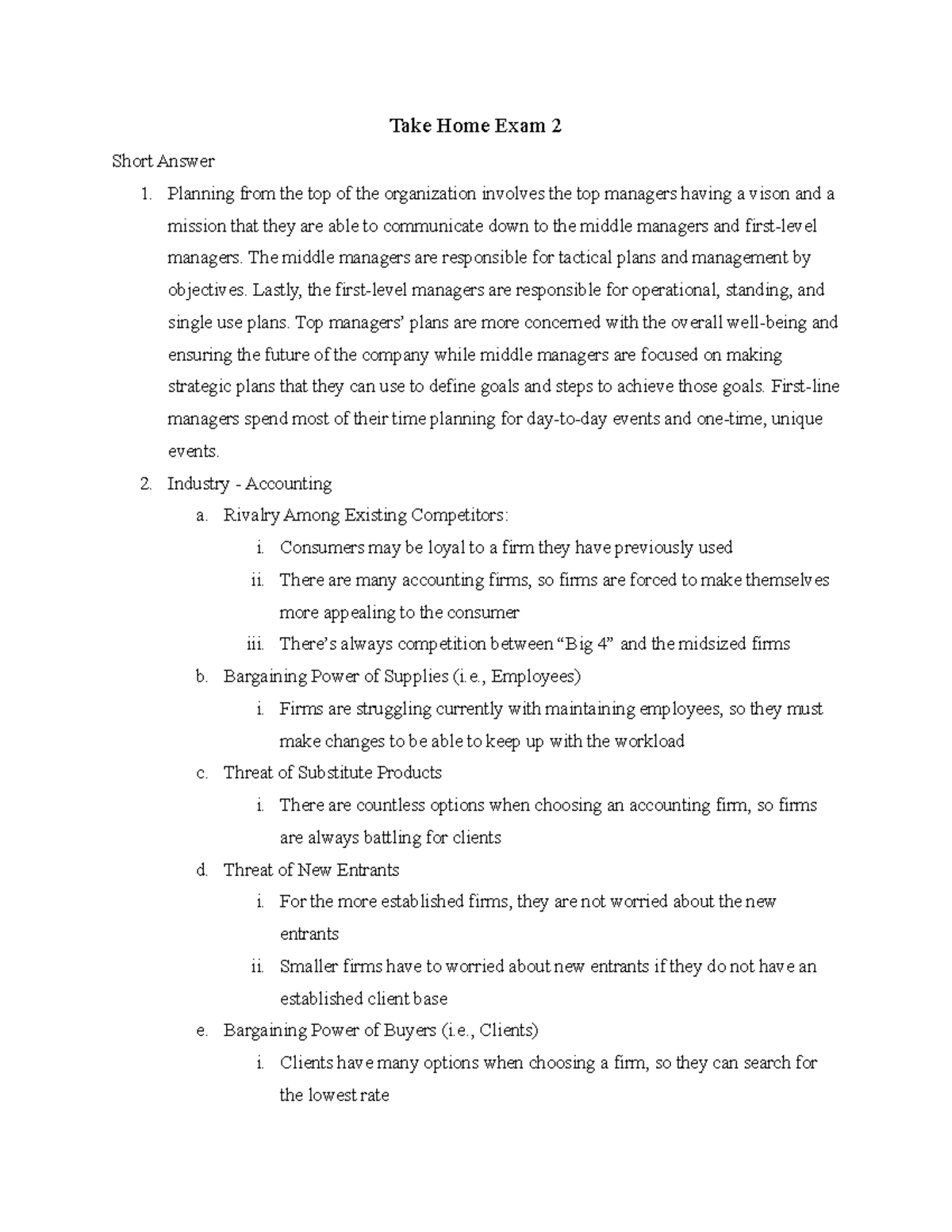 Take Home Exam 2 - Take Home Exam 2 - Take Home Exam 2 Short Answer 1 ...