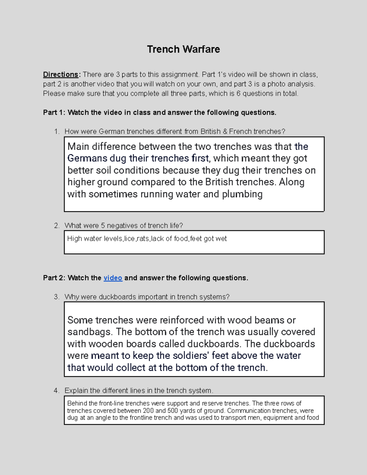 Carter Rybka - Trench Warfare - Trench Warfare Directions: There are 3 ...