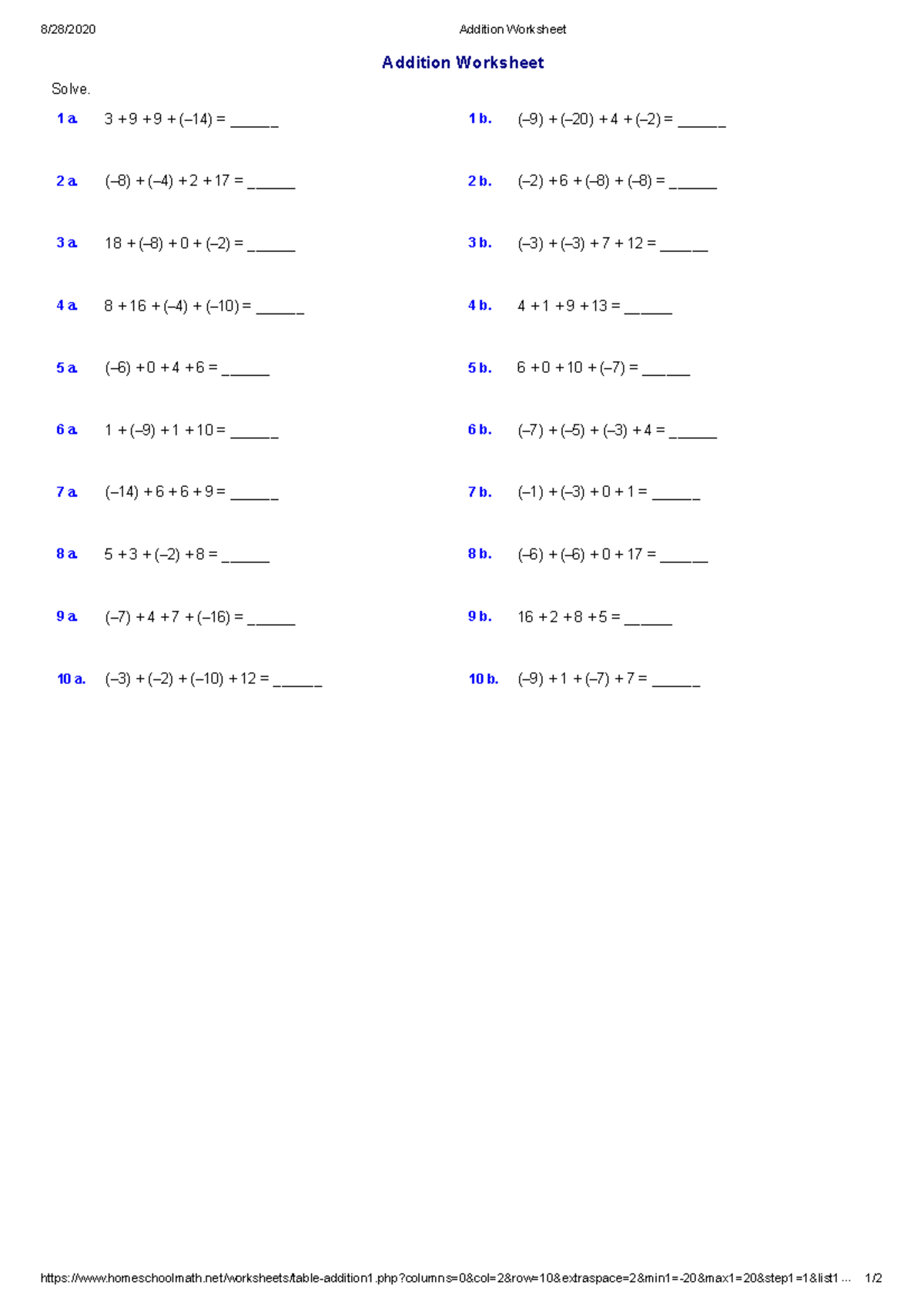 Addition Worksheet - notes - 8/28/2020 Addition Worksheet - Studocu