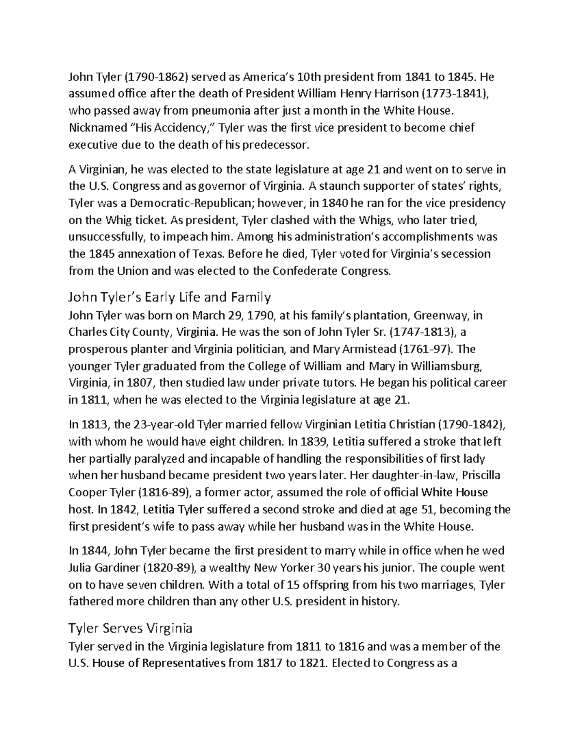 John Taylor Notes - John Tyler (1790-1862) served as America’s 10th ...