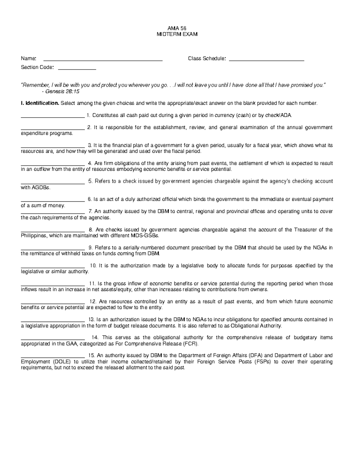 gov practice test and exam - AMA 56 MIDTERM EXAM Name