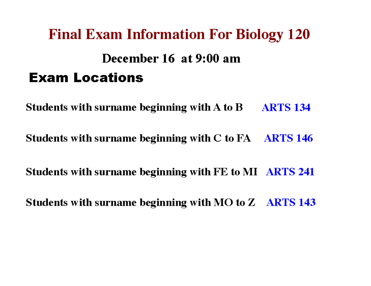 Biology 120(02) Final Exam Instructions - Final Exam Information For ...