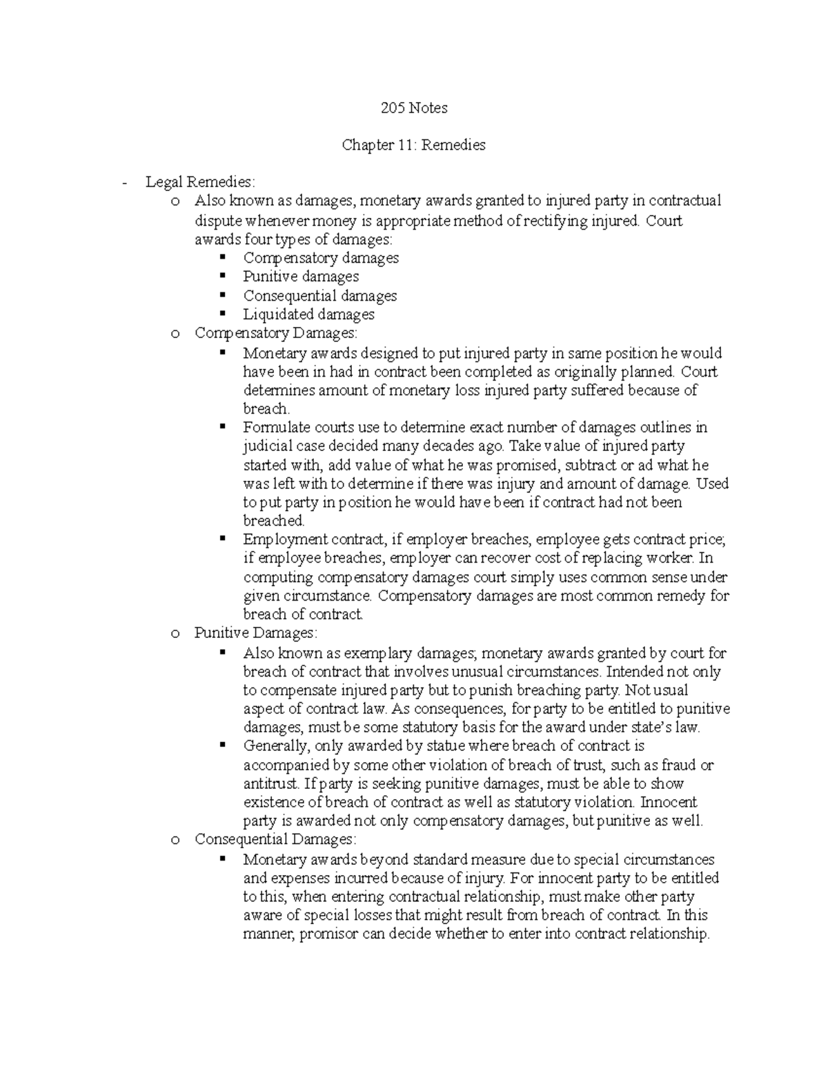 Chp 11 - chapter 11 notes - 205 Notes Chapter 11: Remedies Legal ...