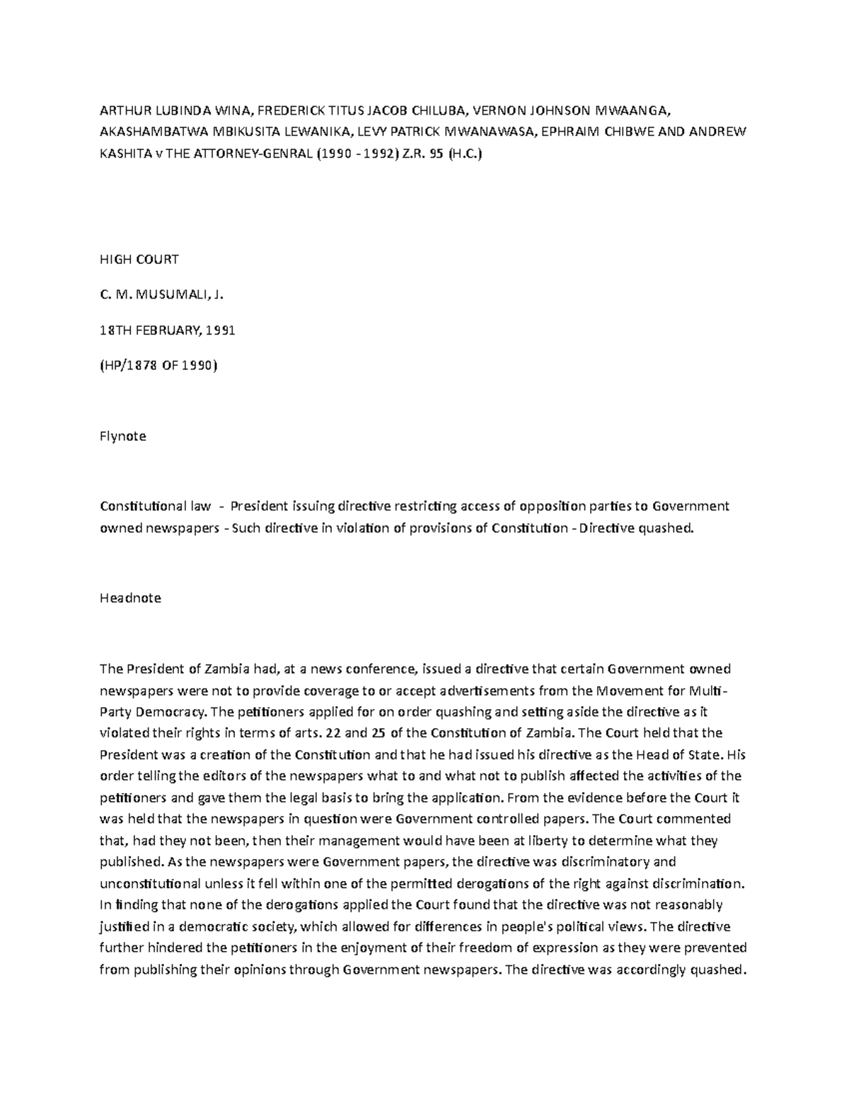 Arthur Lubinda WINA vs attorney general - ARTHUR LUBINDA WINA ...