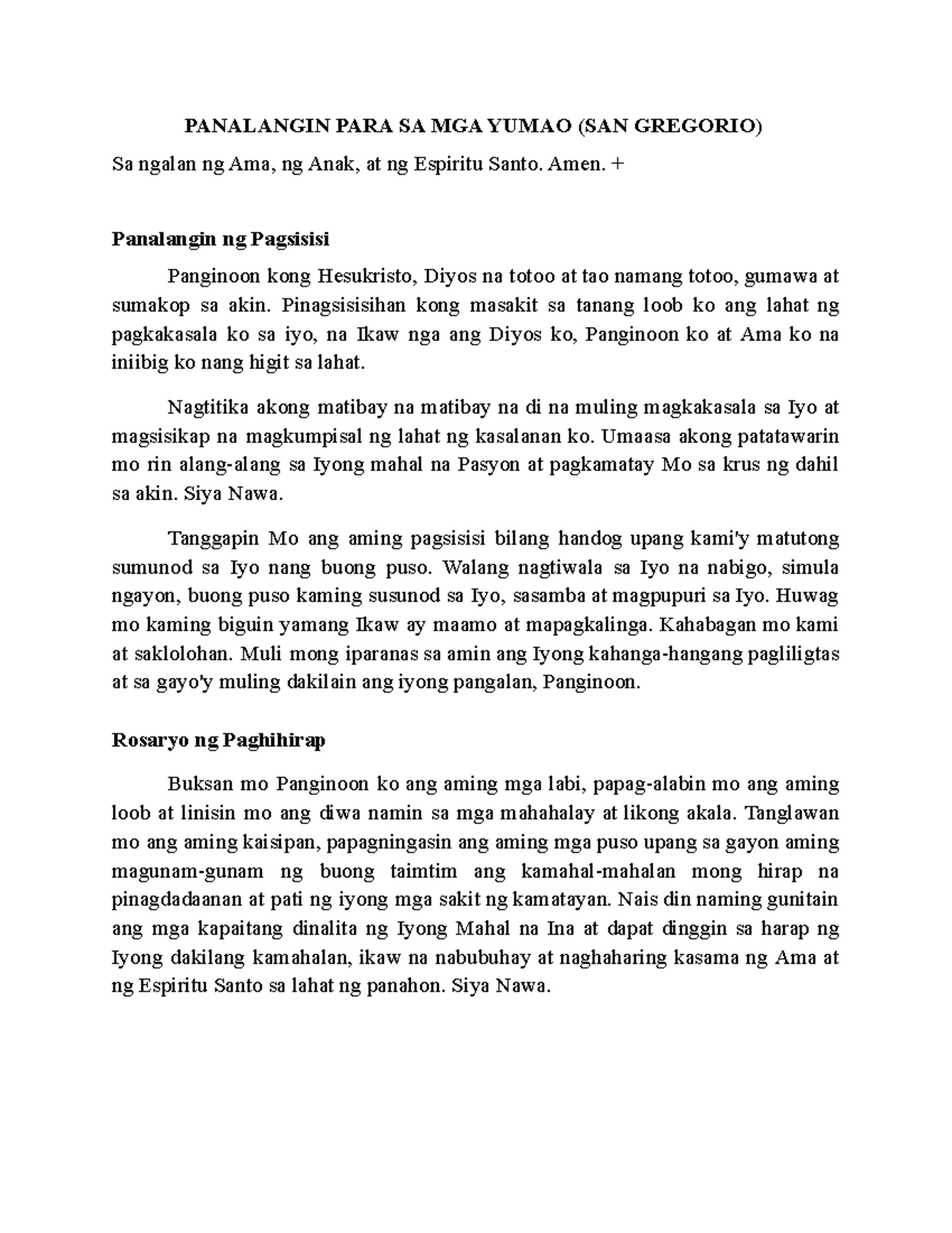 Panalangin PARA SA MGA Yumao SAN Gregorio - PANALANGIN PARA SA MGA YUMAO (SAN GREGORIO) Sa ...