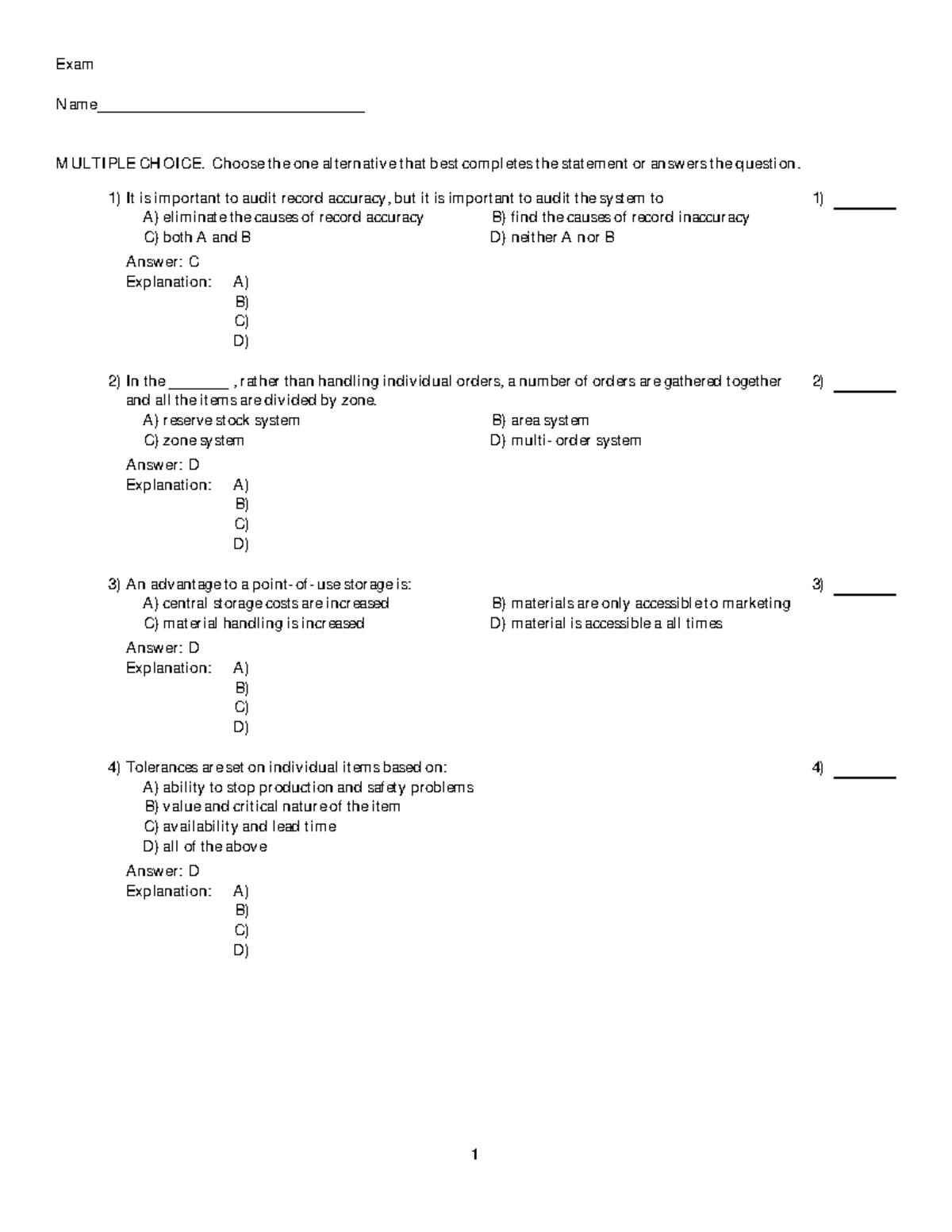 Test Bank Introduction to Materials Management 6th ed - Exam Name