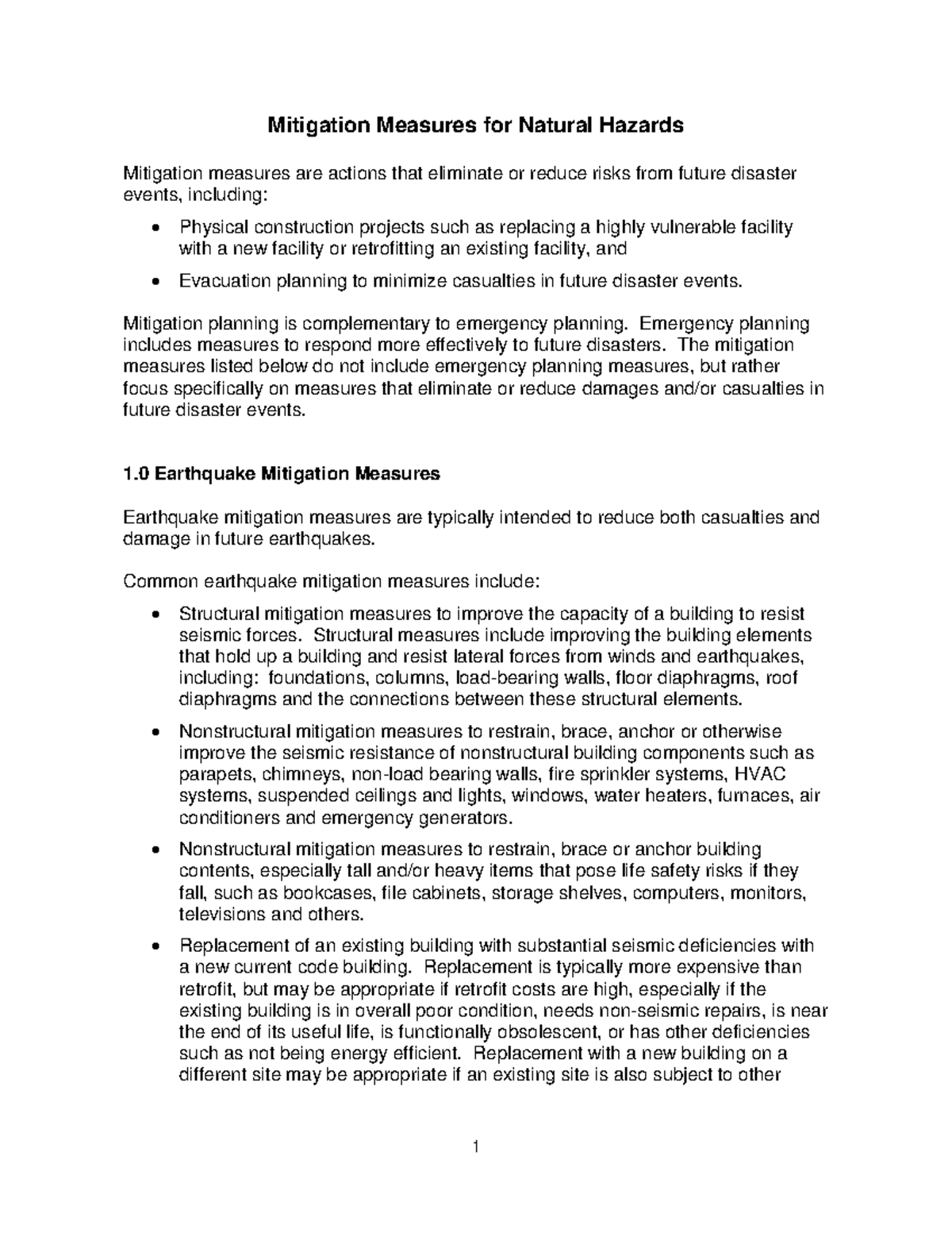 Mitigation measures summary - Mitigation Measures for Natural Hazards ...